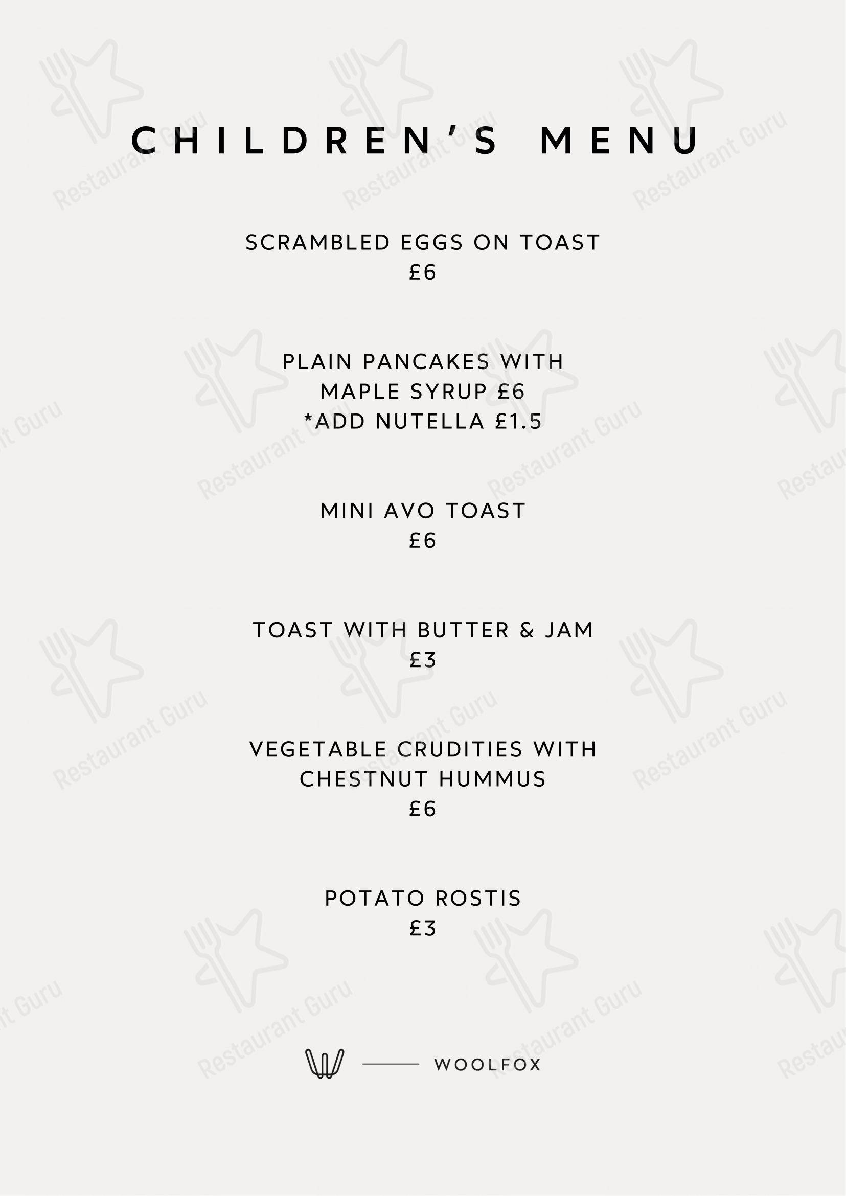 Menu at Woolfox cafe, Peterborough