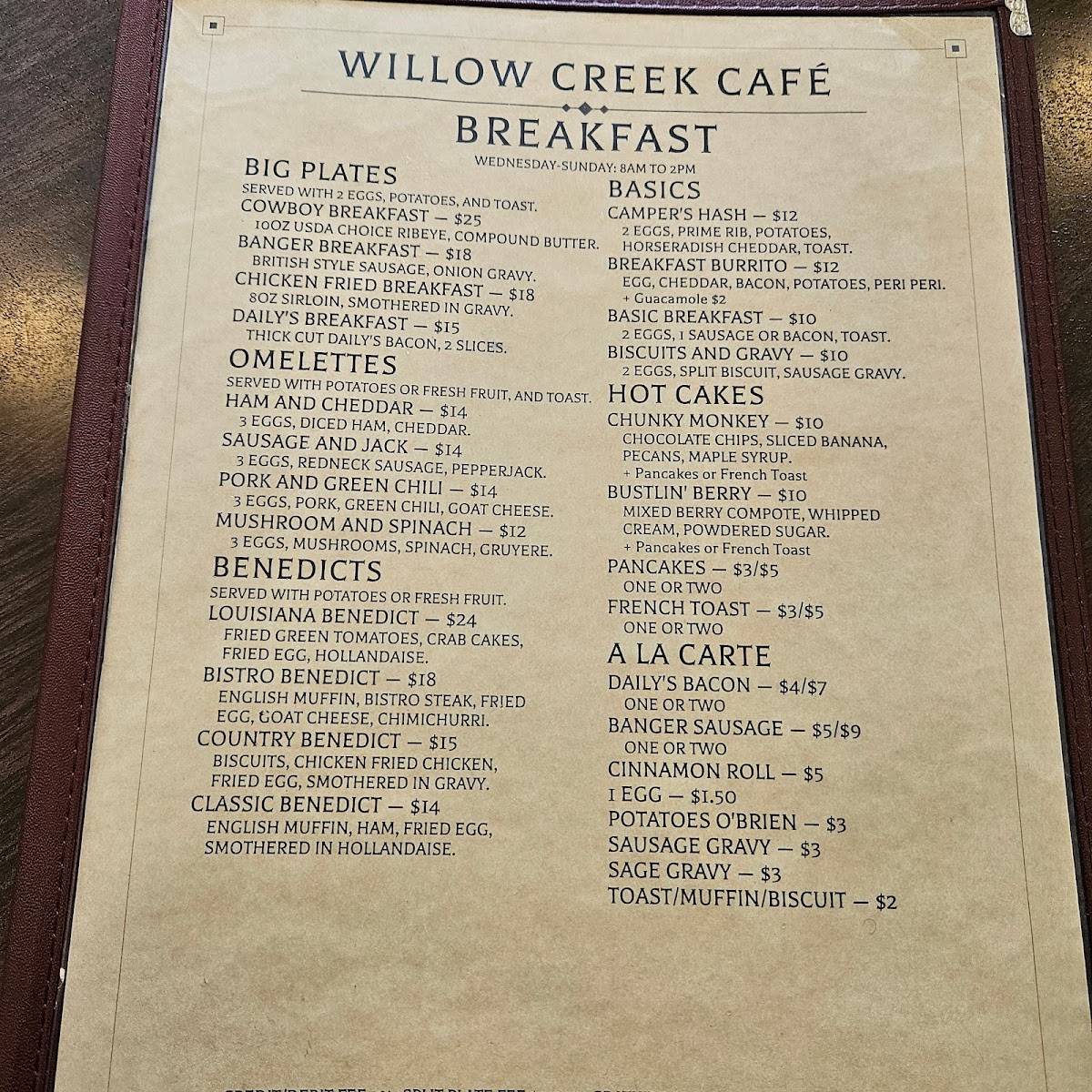 Menu at Woolzie's Willow Creek Cafe & Supper Club, Willow Creek
