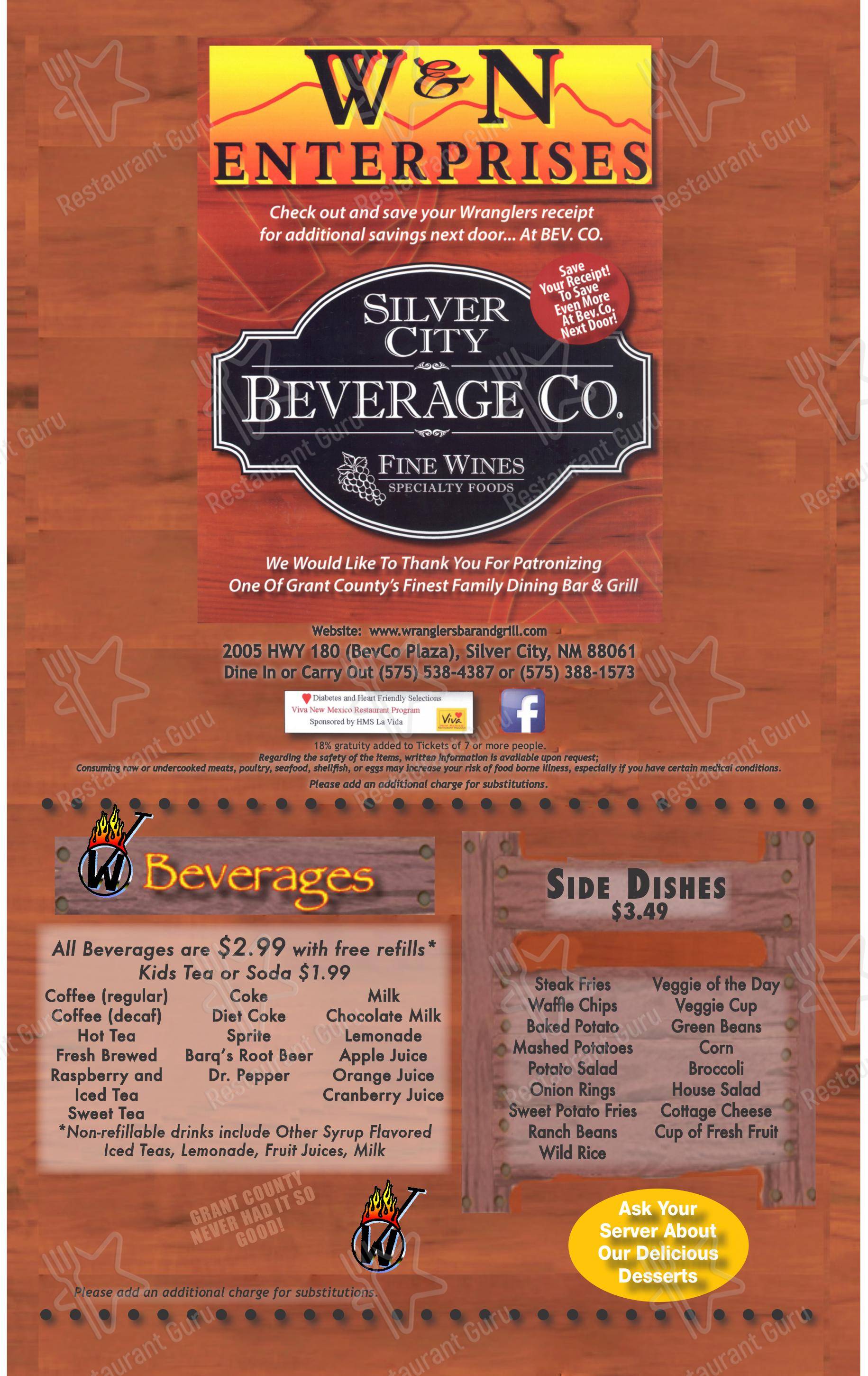 Menu at Wrangler's Bar & Grill, Silver City