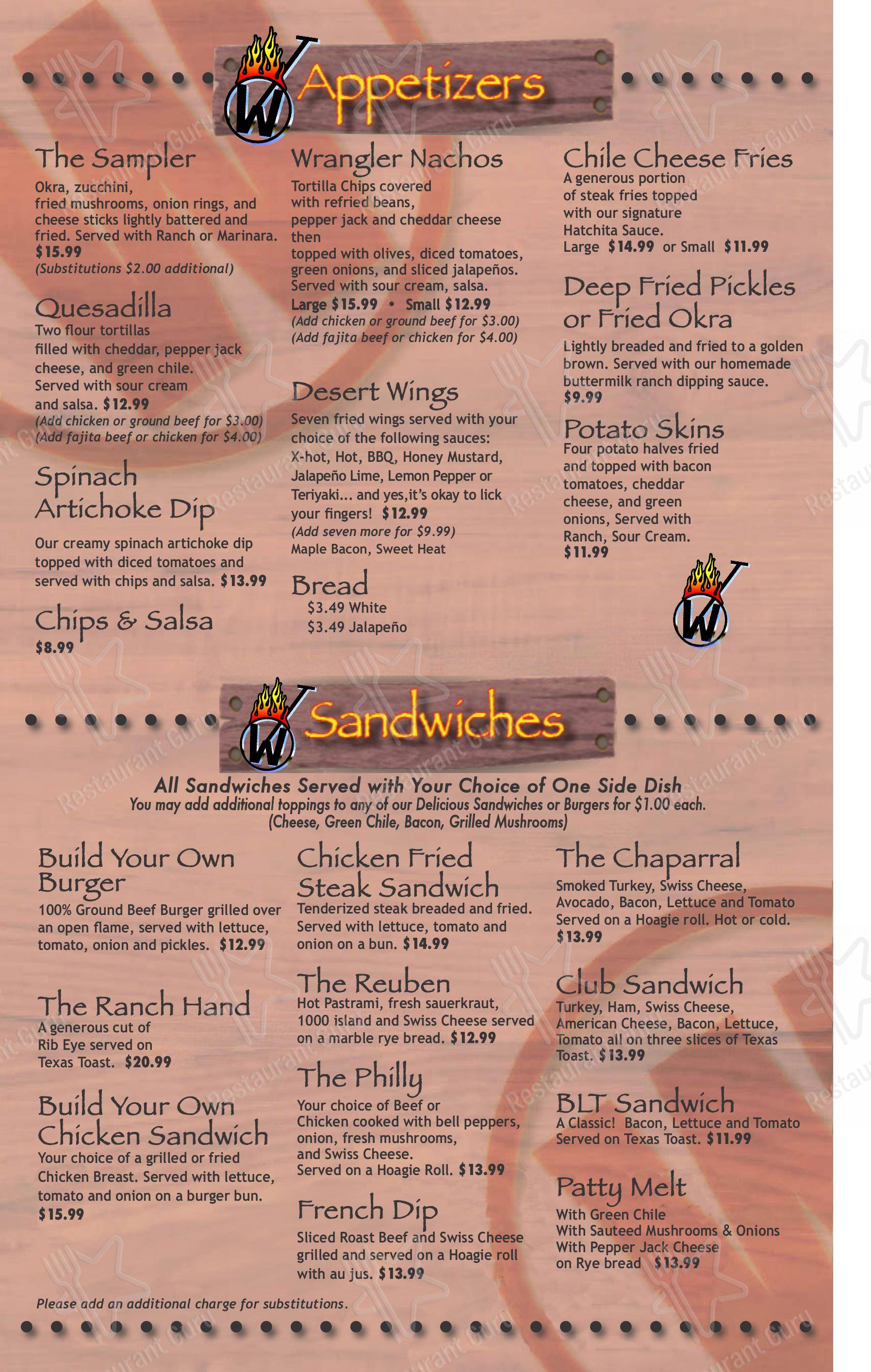 Menu at Wrangler's Bar & Grill, Silver City
