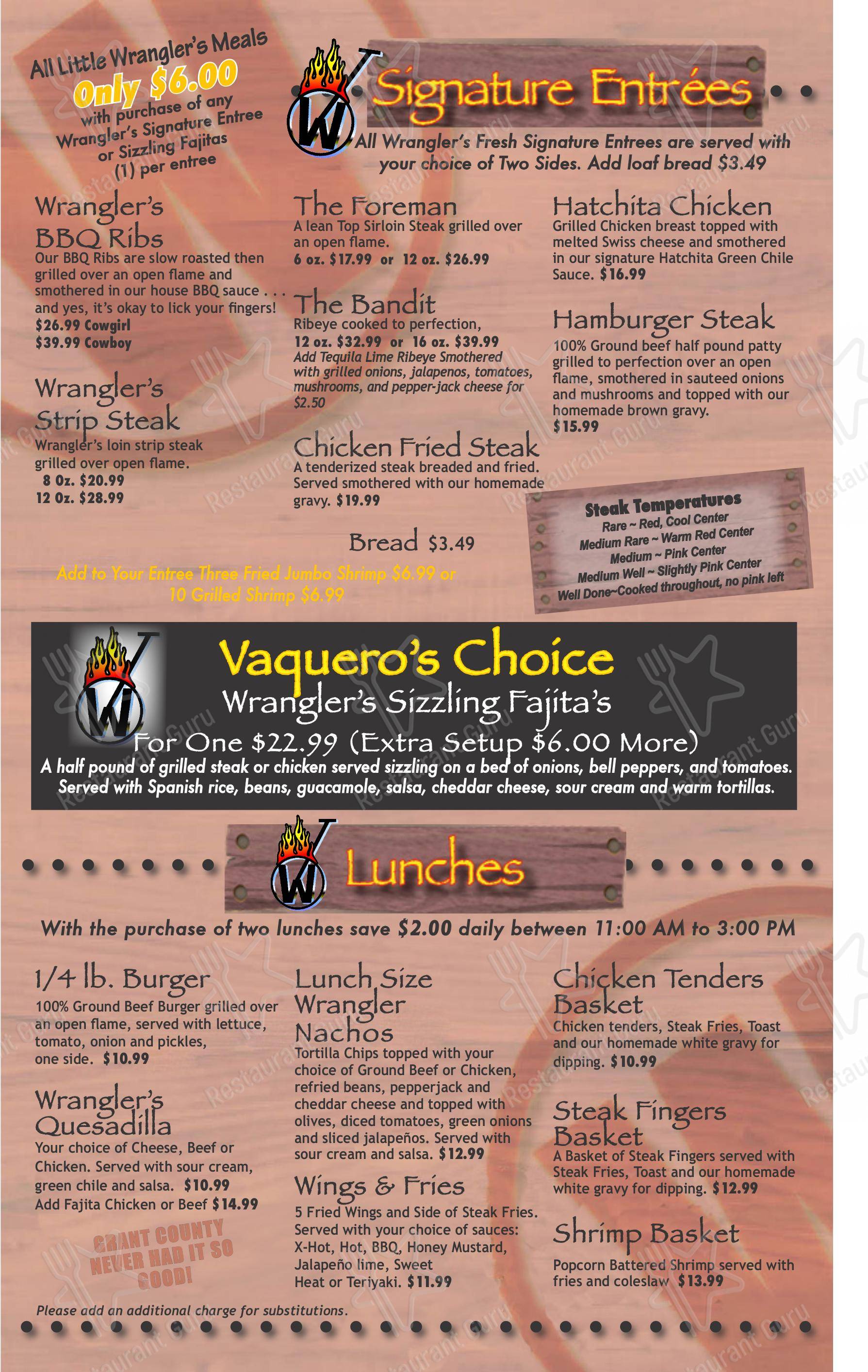 Menu at Wrangler's Bar & Grill, Silver City
