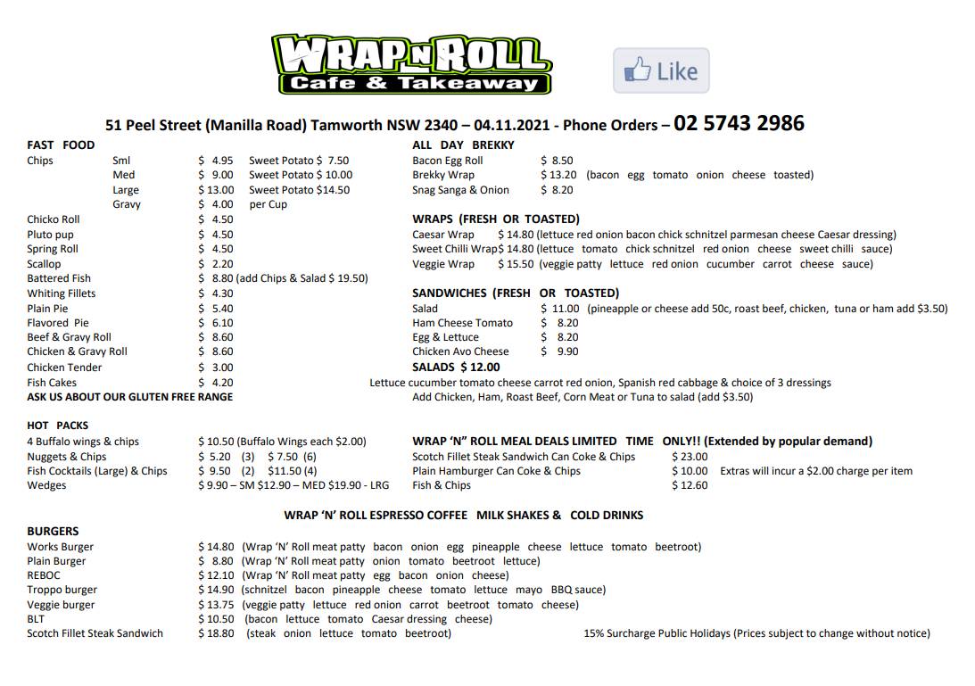 Menu at Wrap 'N' Roll Cafe & Takeaway, North Tamworth