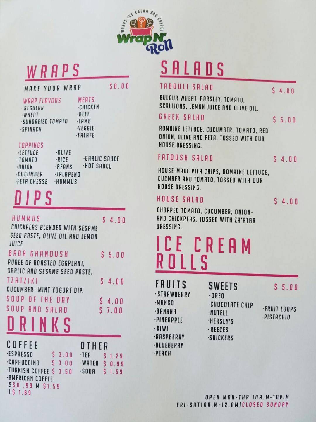 Menu at Wrap N’ Roll restaurant, Tucson