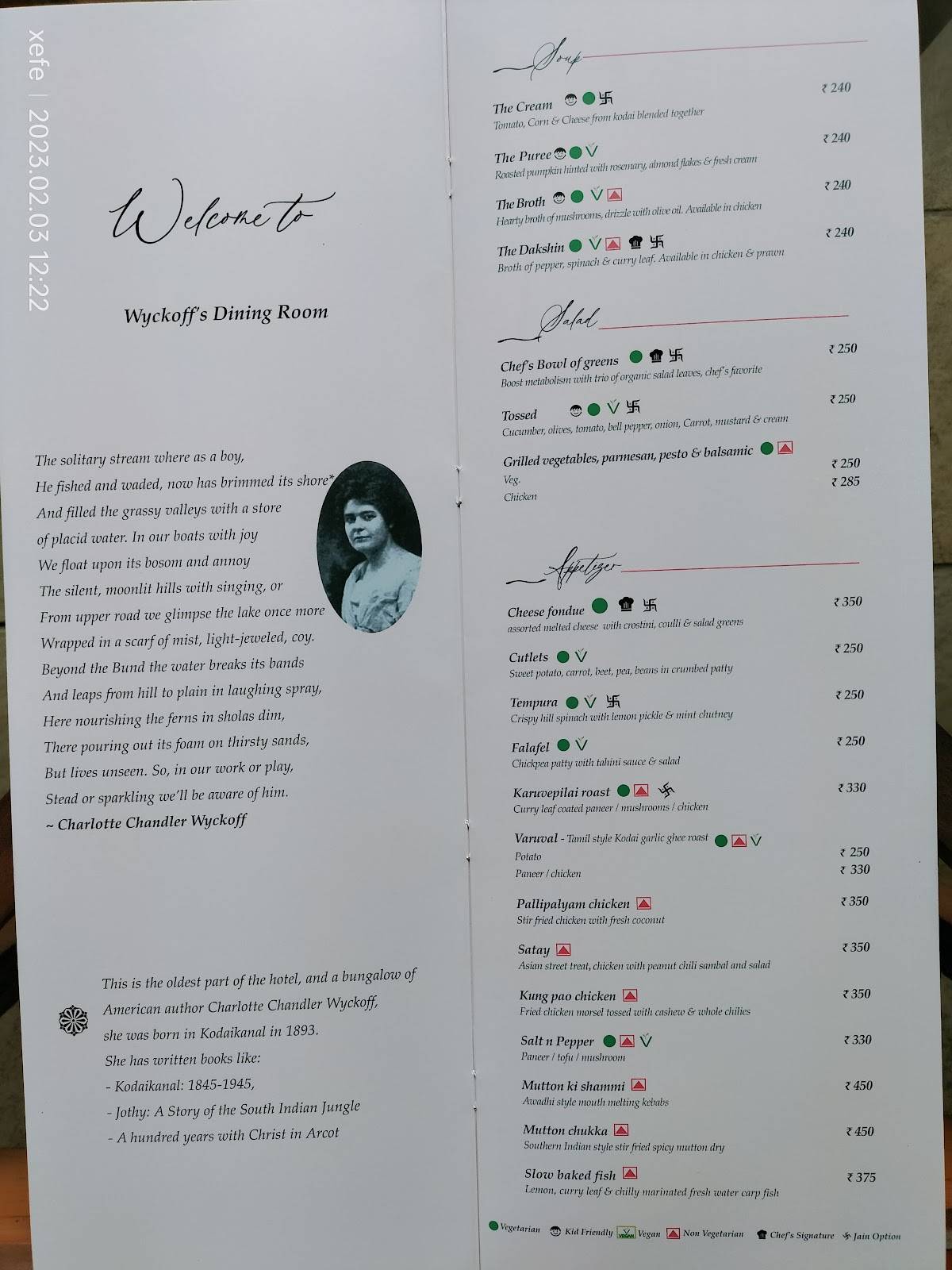 Menu at Wyckoff's Dining Room @ Villa Retreat, Kodaikanal