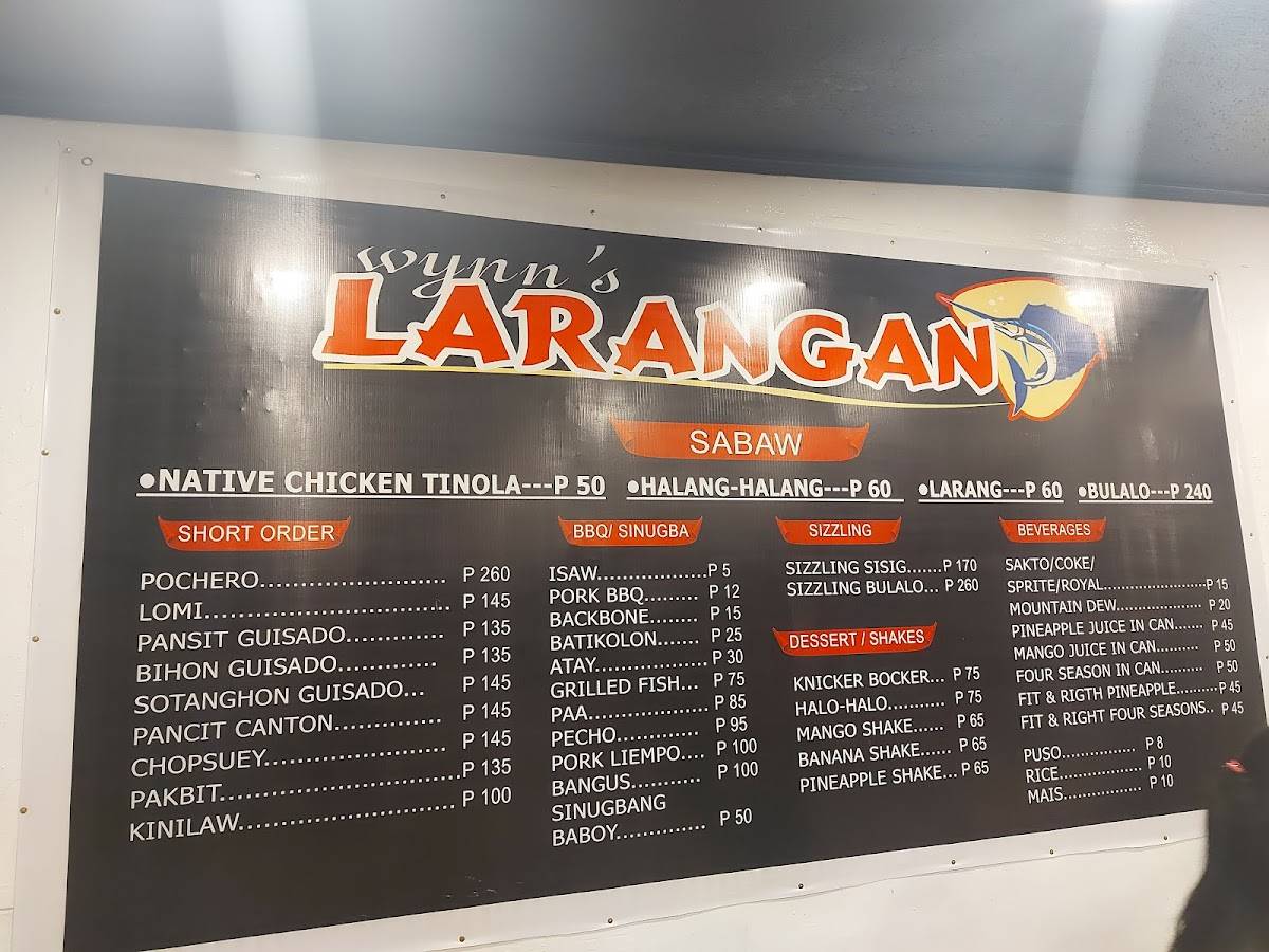 Menu at Wynn's Larangan restaurant, Pagadian City