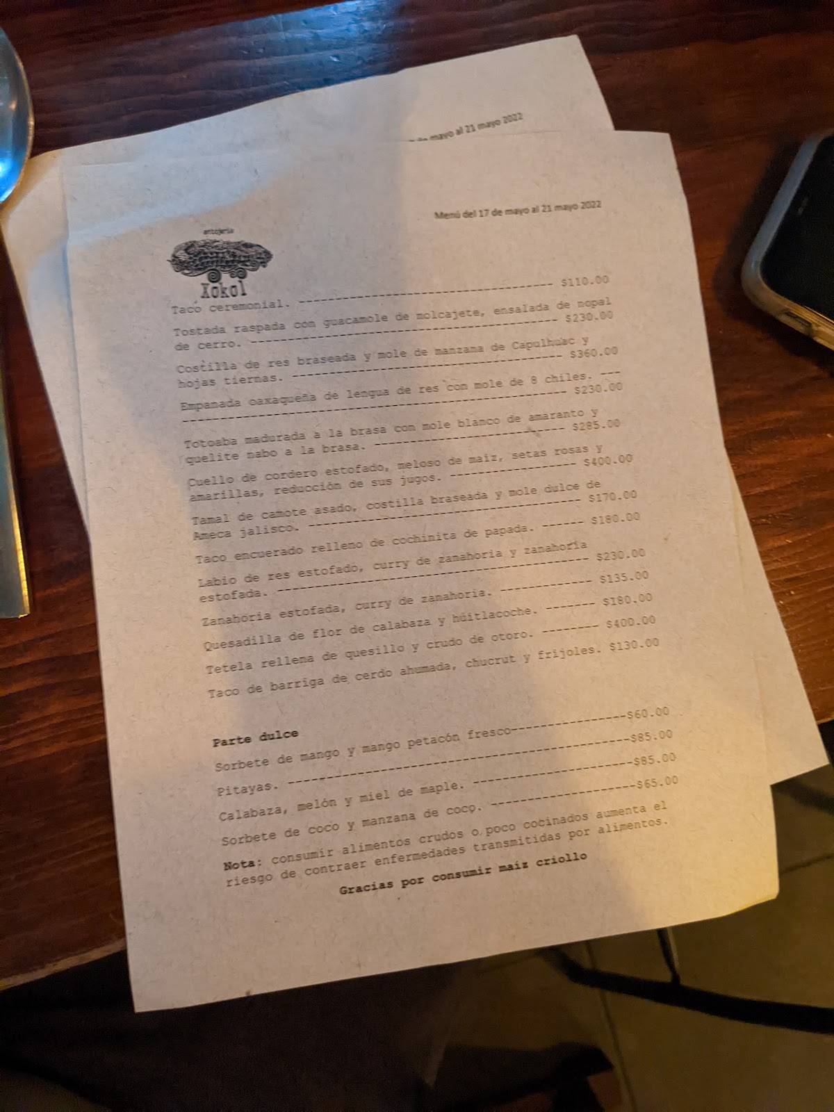Carta del restaurante Xokol, Guadalajara, C. Ignacio Herrera y Cairo 1375