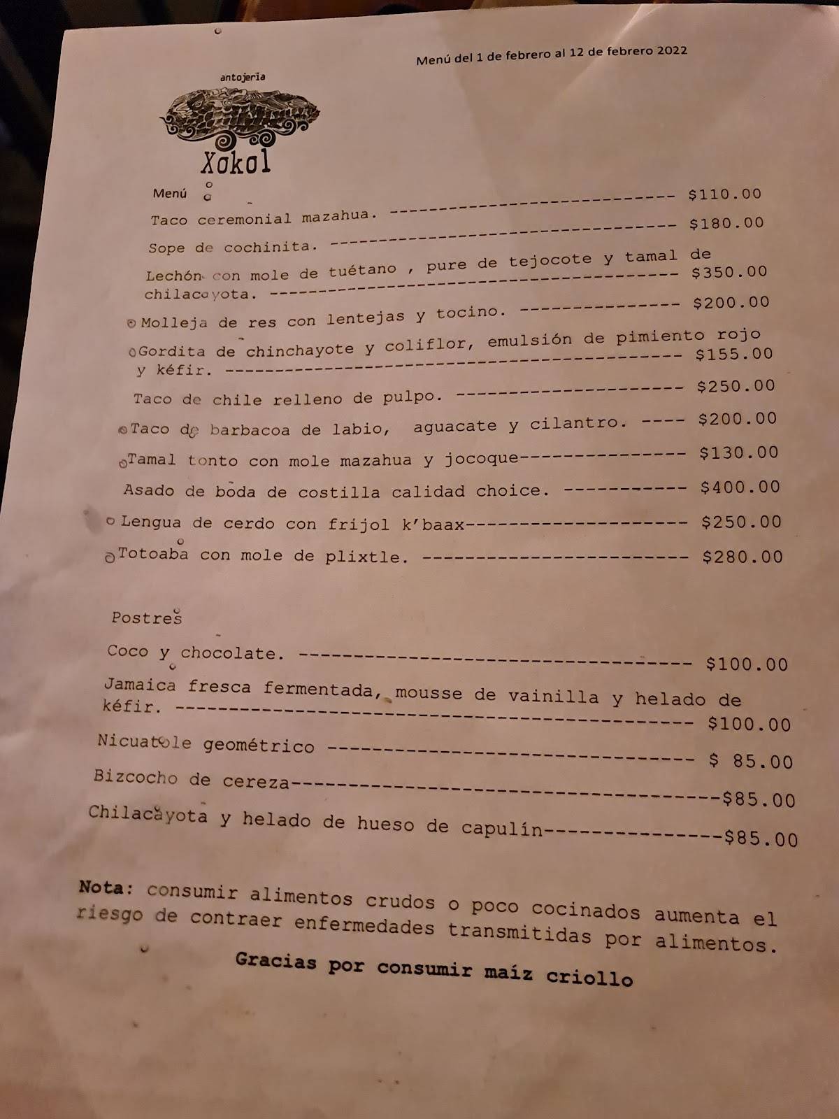 Carta del restaurante Xokol, Guadalajara, C. Ignacio Herrera y Cairo 1375