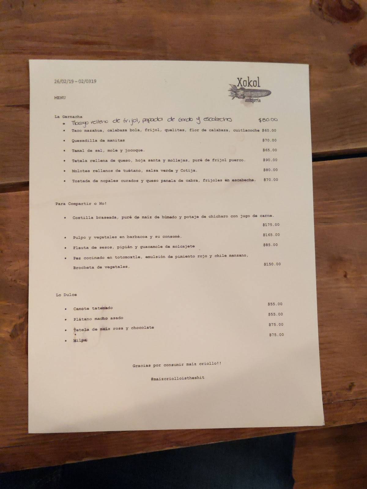 Carta del restaurante Xokol, Guadalajara, C. Ignacio Herrera y Cairo 1375