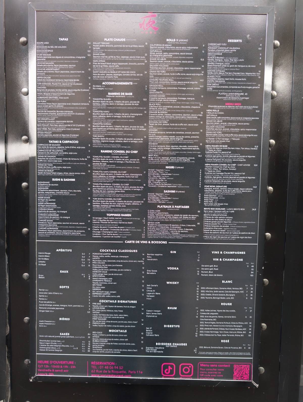 Menu au Yoru Paris 夜 restaurant, Paris