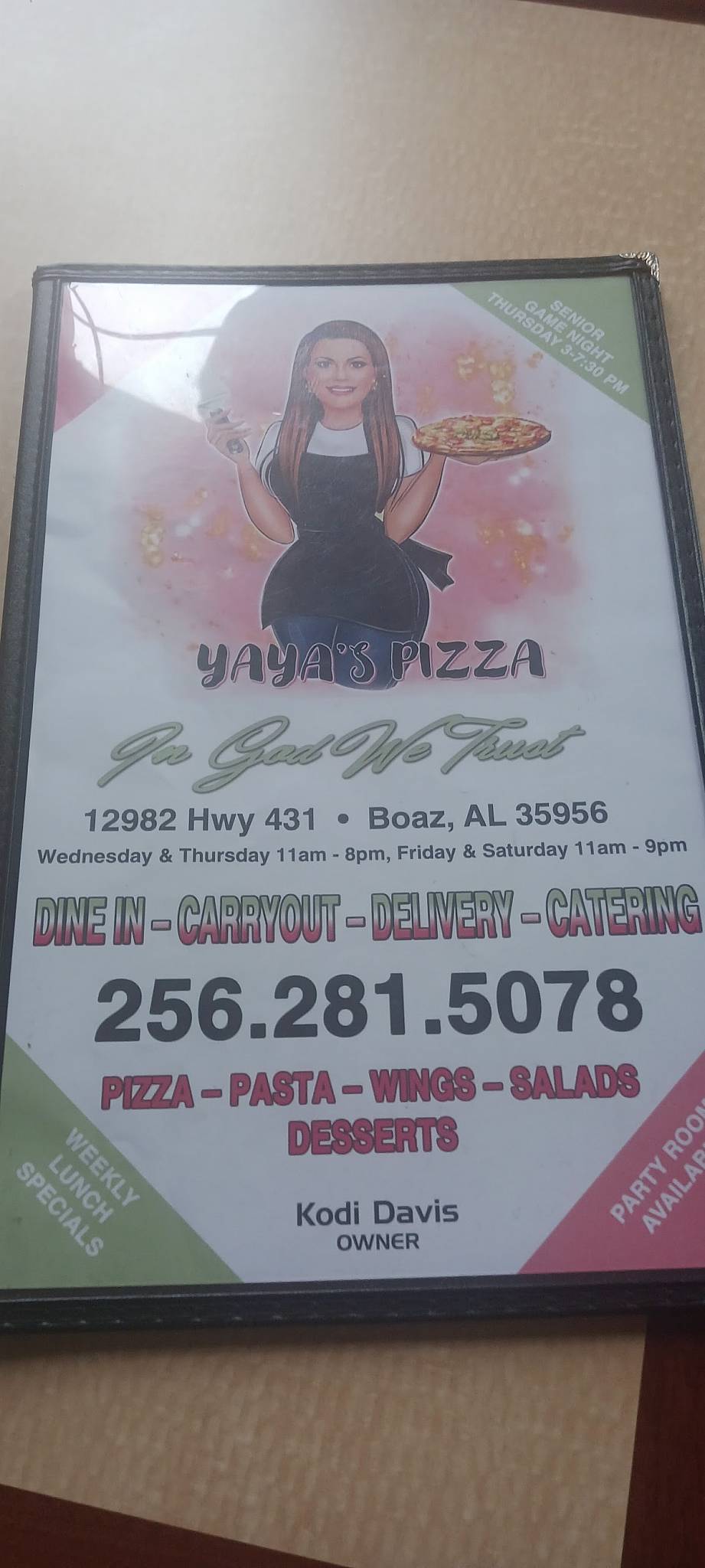 Menu at Ya Ya’s Pizza pizzeria, Sardis City