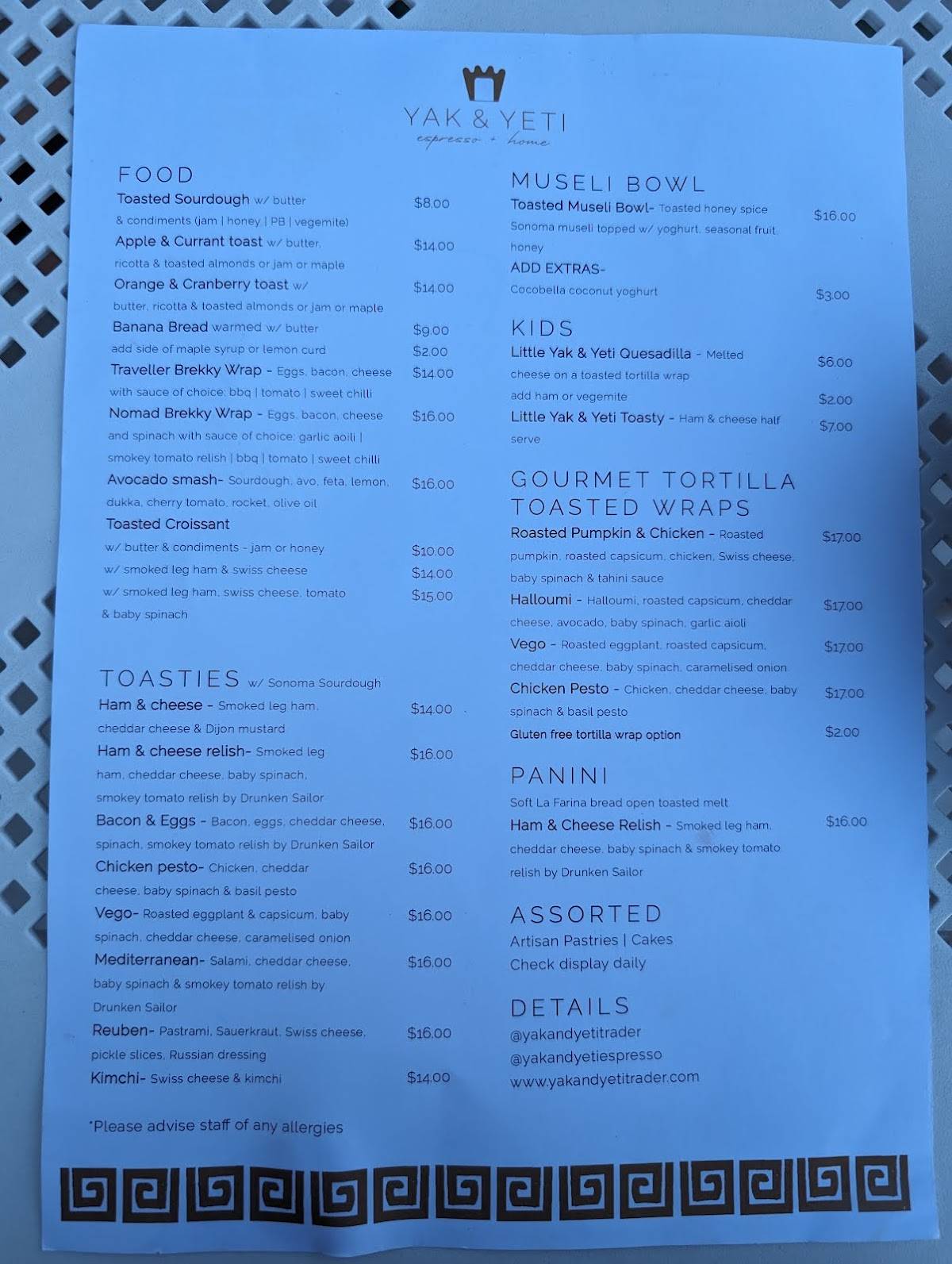 Menu at Yak & Yeti Espresso + Home, New Lambton