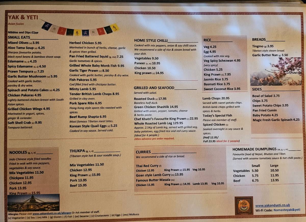 Menu at Yak & Yeti restaurant, Shrewsbury