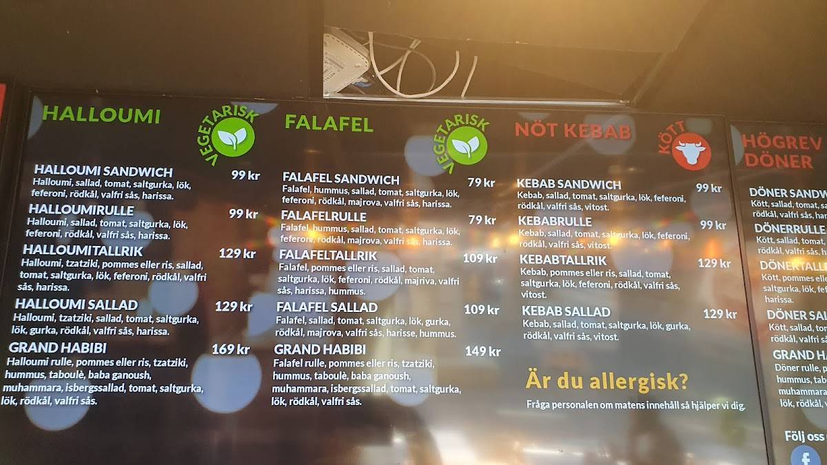 Menu at Yalla Habibi restaurant, Gothenburg, Hotellplatsen 2