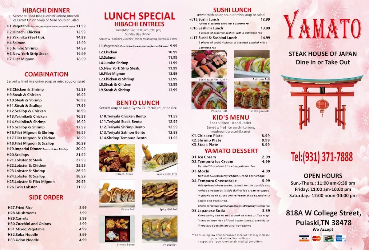 Menu at Yamato Japanese Steakhouse, Pulaski, 818 W College St