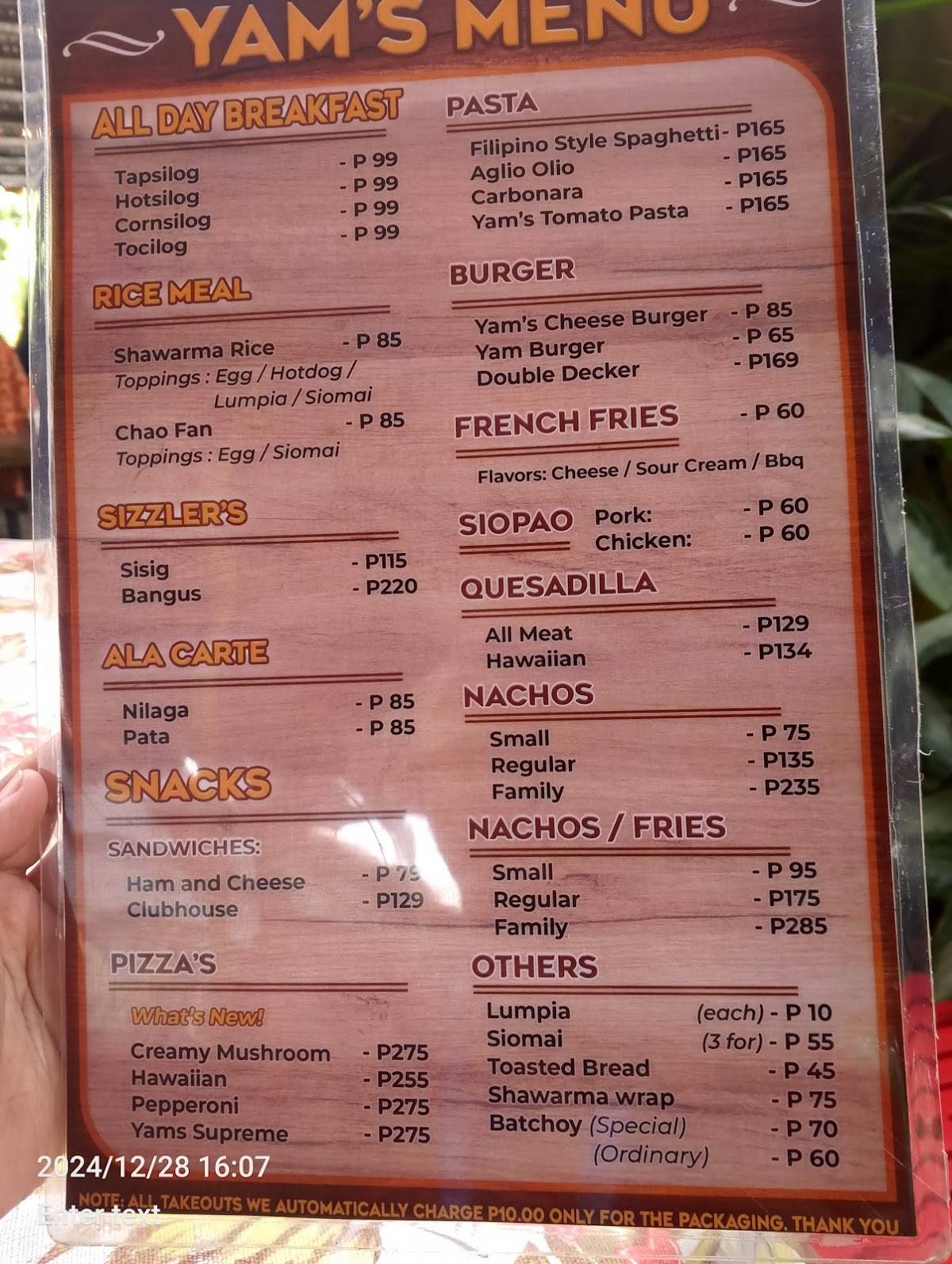 Menu at Yam's Restaurant, Talisay City