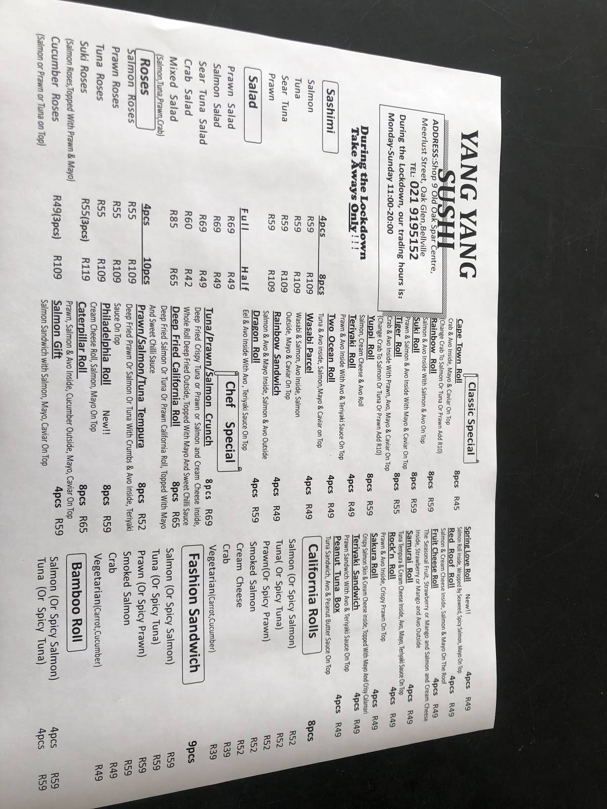 Menu at Yang Yang Chinese Restaurant & Sushi Bar, Cape Town
