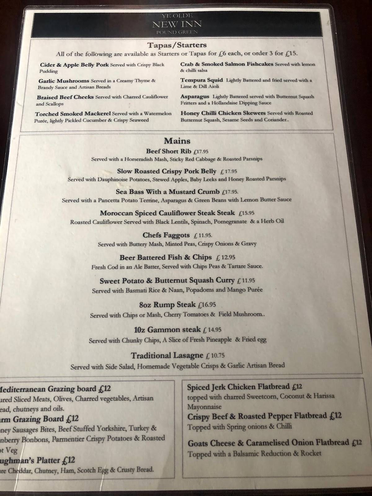 Menu at Ye Olde New Inn pub & bar, Bewdley, Pound Green