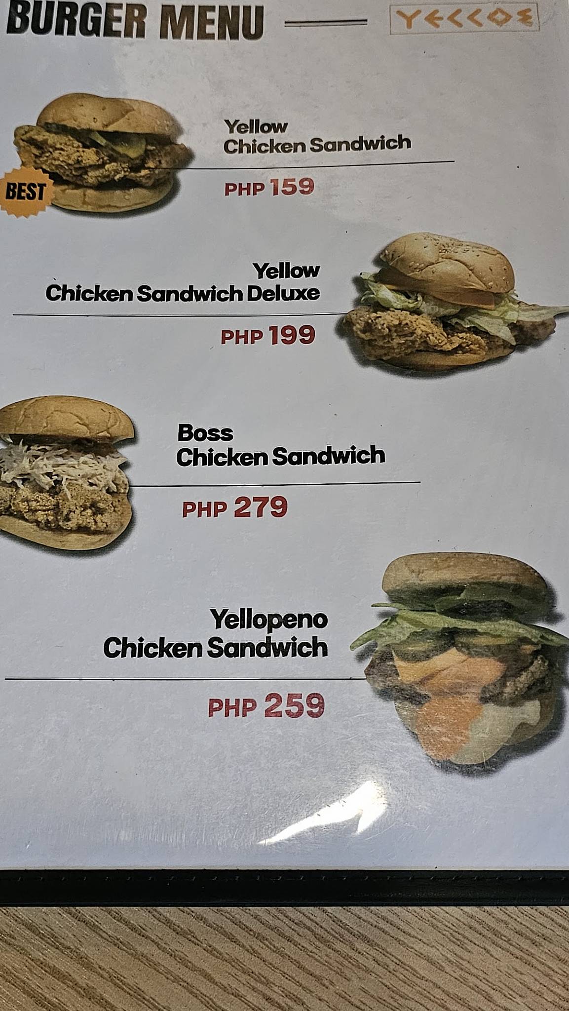 Menu at Yellow Chicken (Norang Chicken) restaurant, Angeles