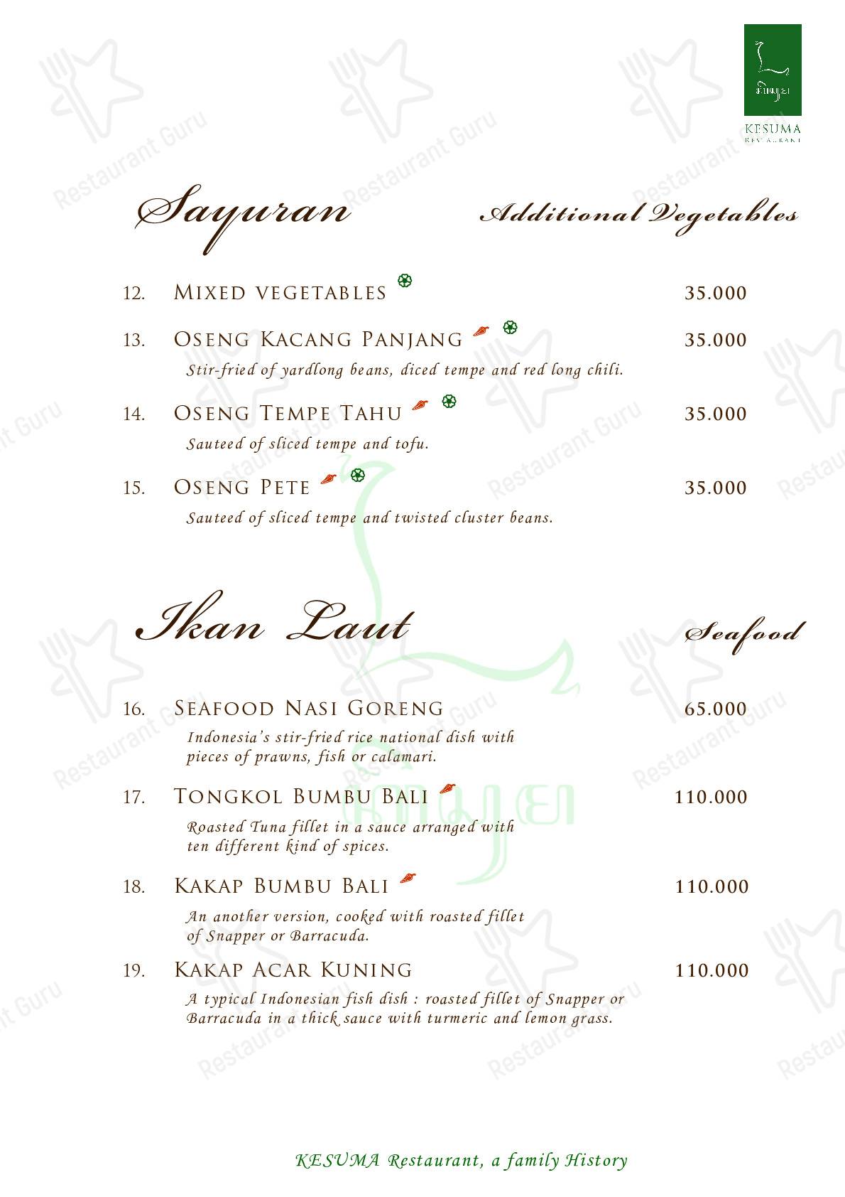 Menu at Kesuma Restaurant, Yogyakarta