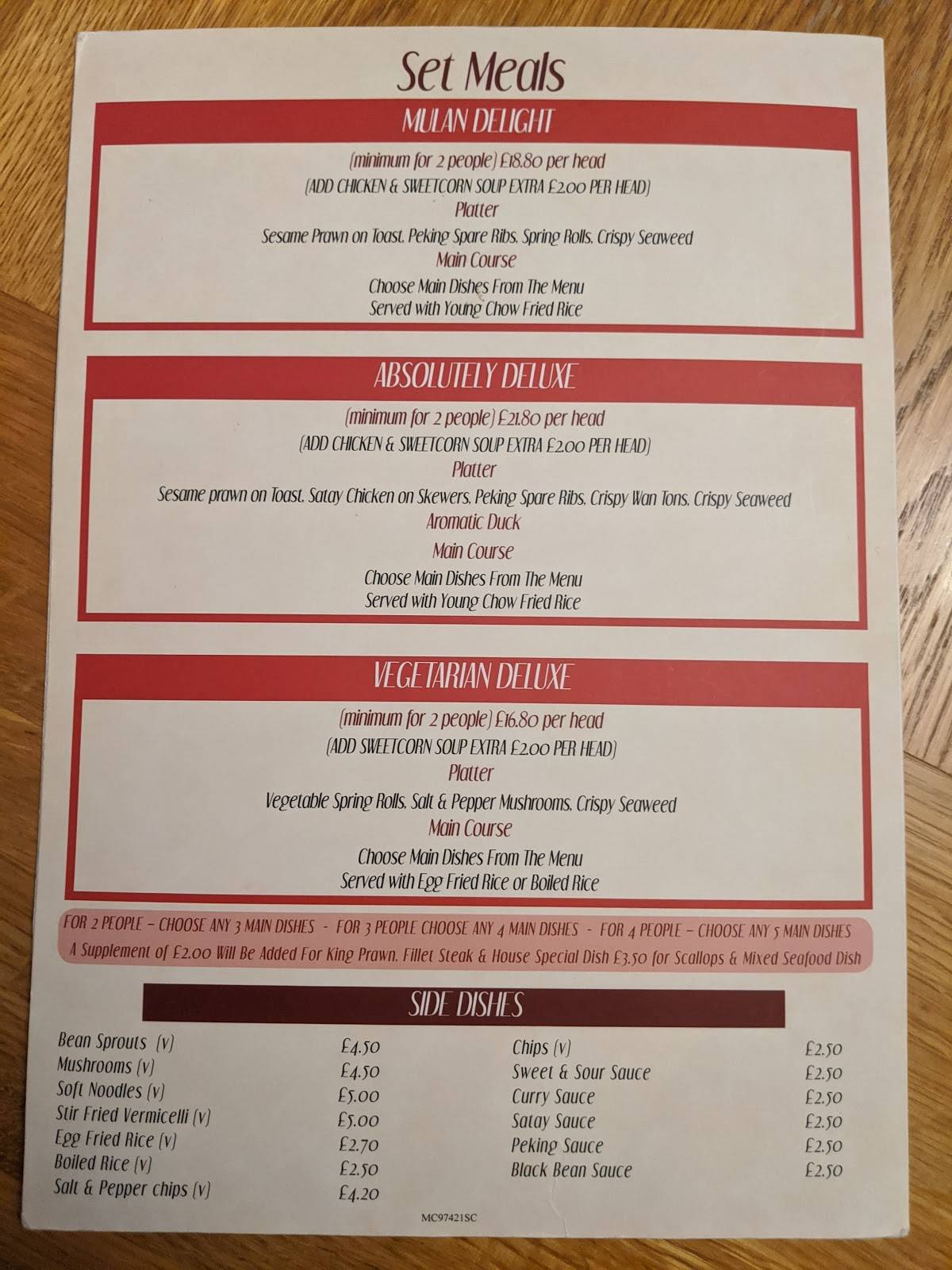 Menu at The Mulan restaurant, York