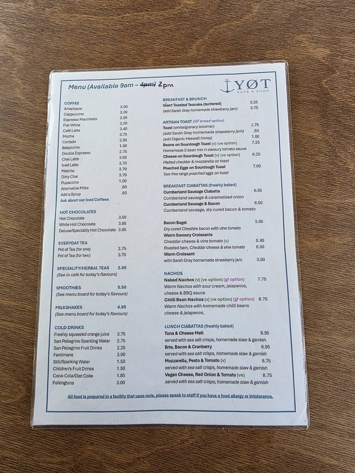 Menu at Yøt Cafe & Shop, Heswall