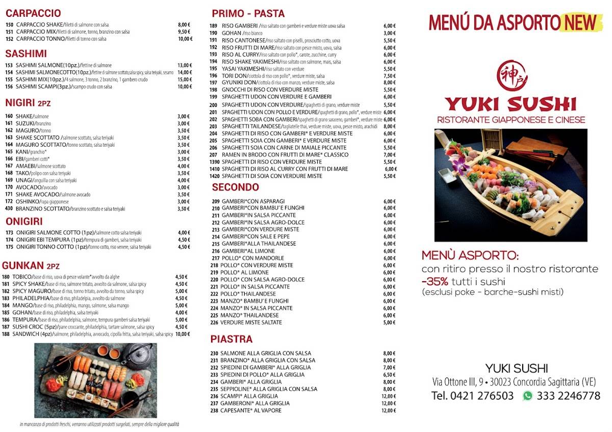 Menu da Yuki Sushi ristorante, Concordia Sagittaria