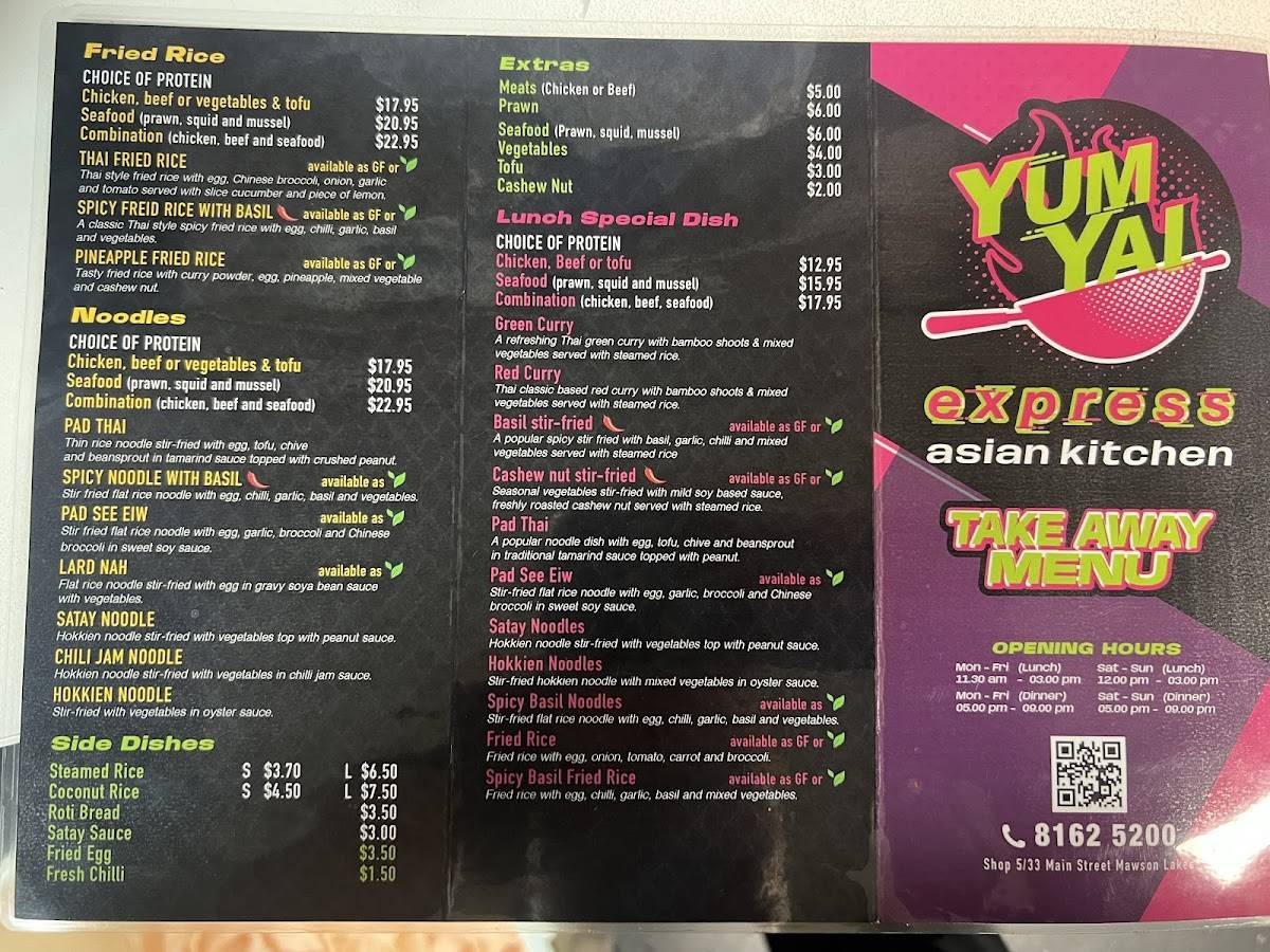 Menu at Yum Yai Express Thai Kitchen restaurant, Mawson Lakes