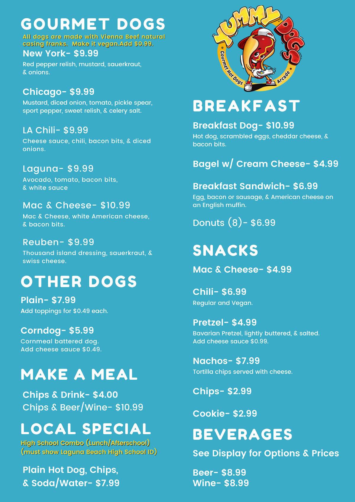 Menu at Yummy Dogs Gourmet Hot Dogs & Arcade restaurant, Laguna Beach