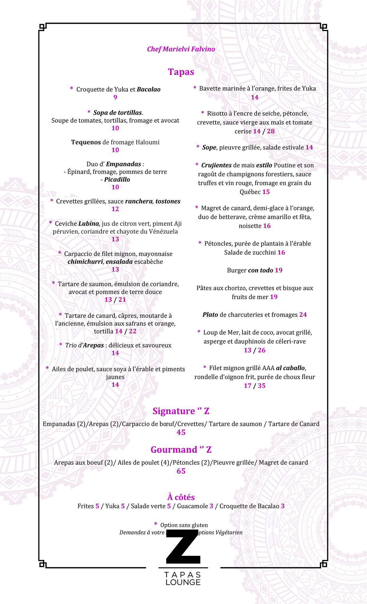 Carta del pub y bar Z Tapas Lounge, Montréal