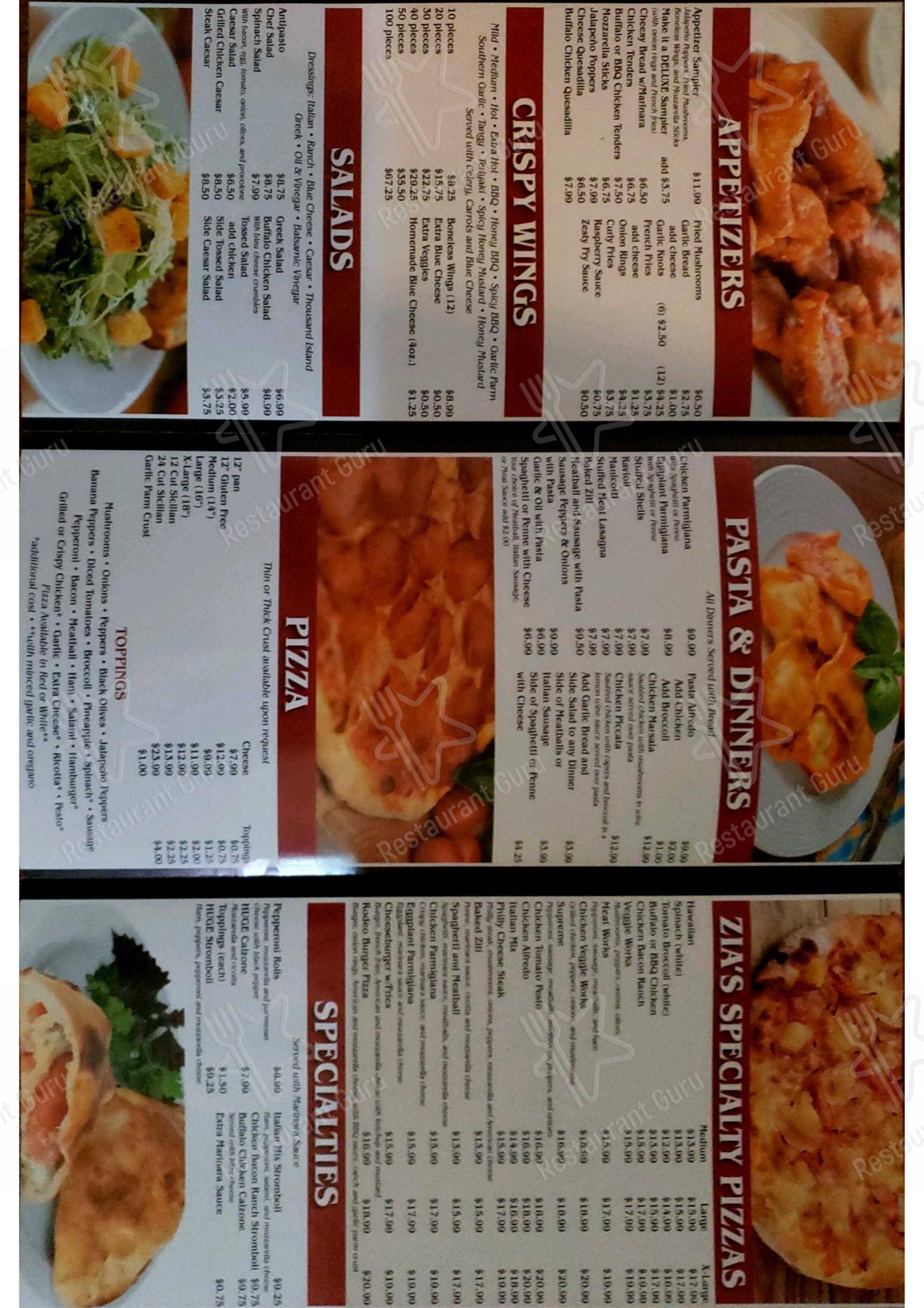 Menu at ZIA’S Pizza & Family Restaurant, Nassau