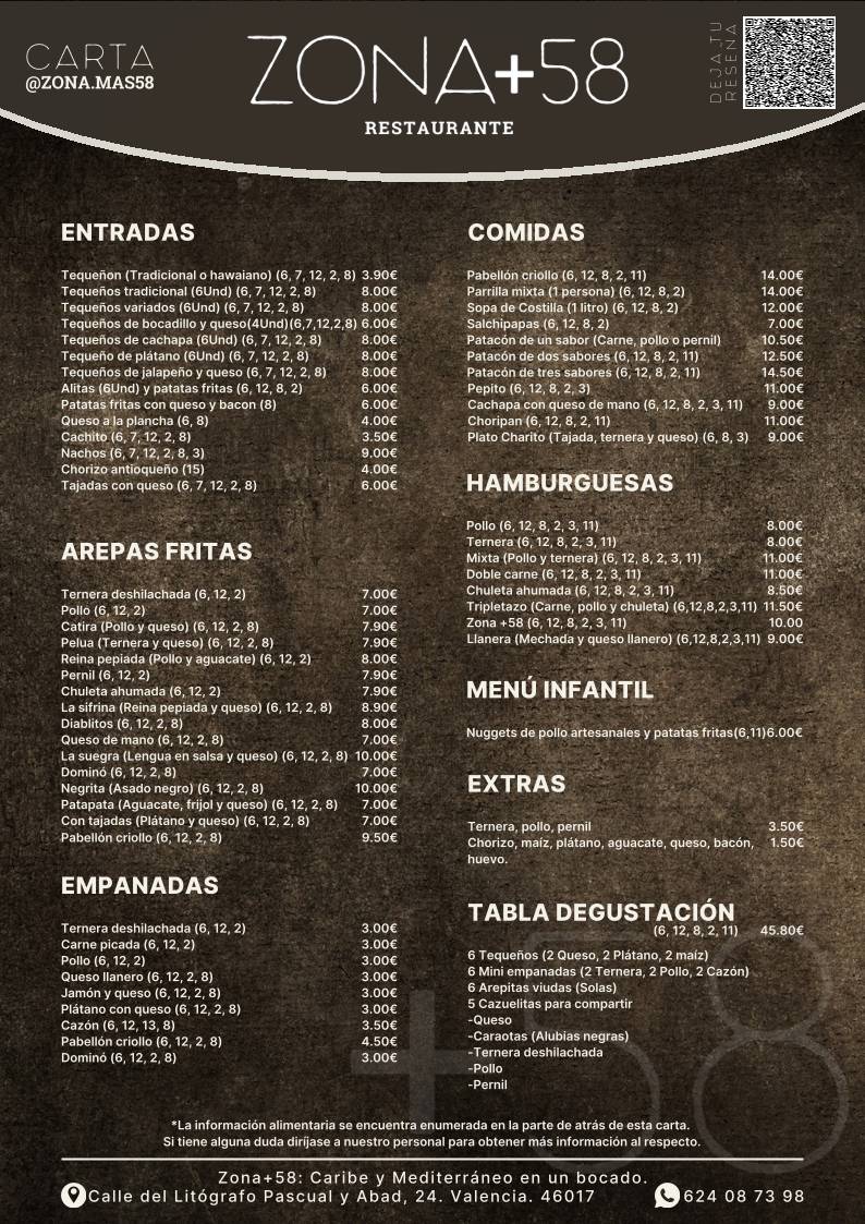 Carta del restaurante ZONA +58. Comida Venezolana, Valencia