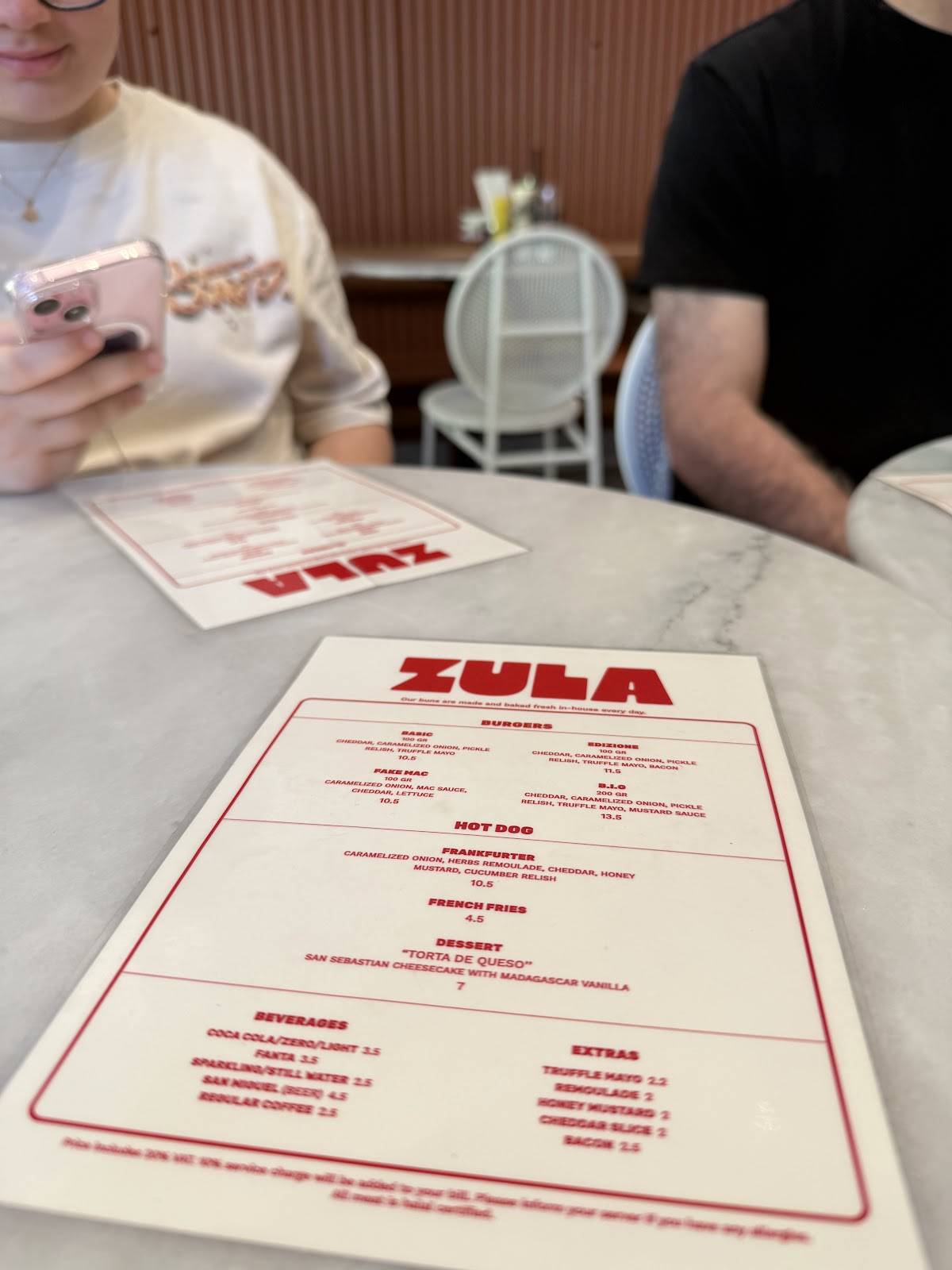 Menu at ZULA restaurant, London