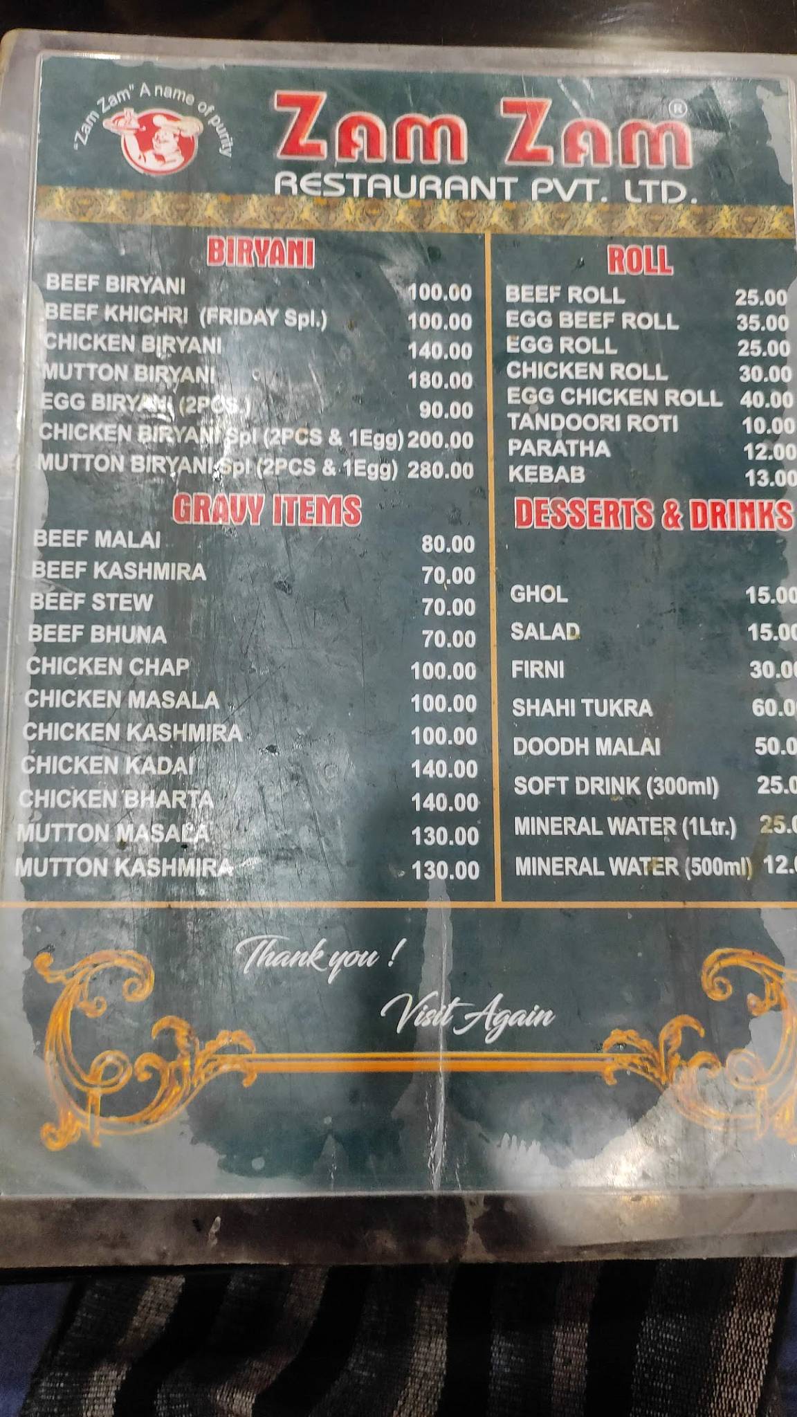 Menu at Zam Zam Restaurant Pvt. Ltd., Kolkata, 9/1