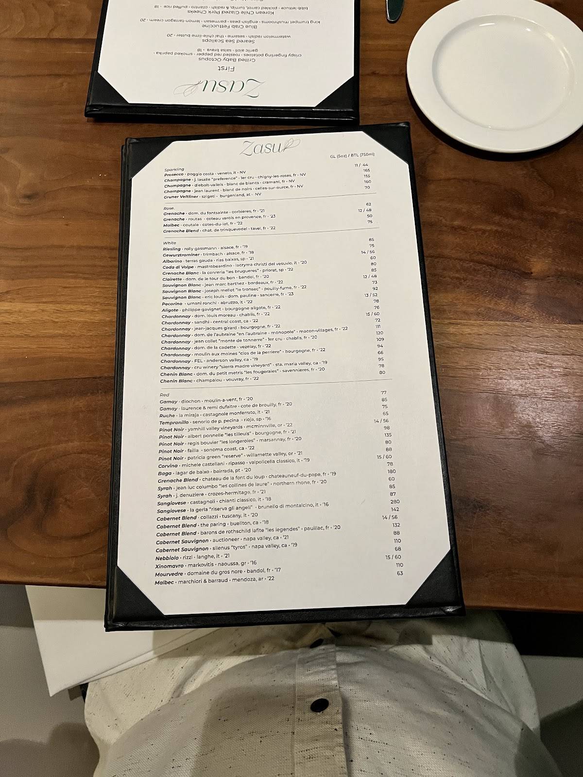 Menu at Zasu restaurant, New Orleans