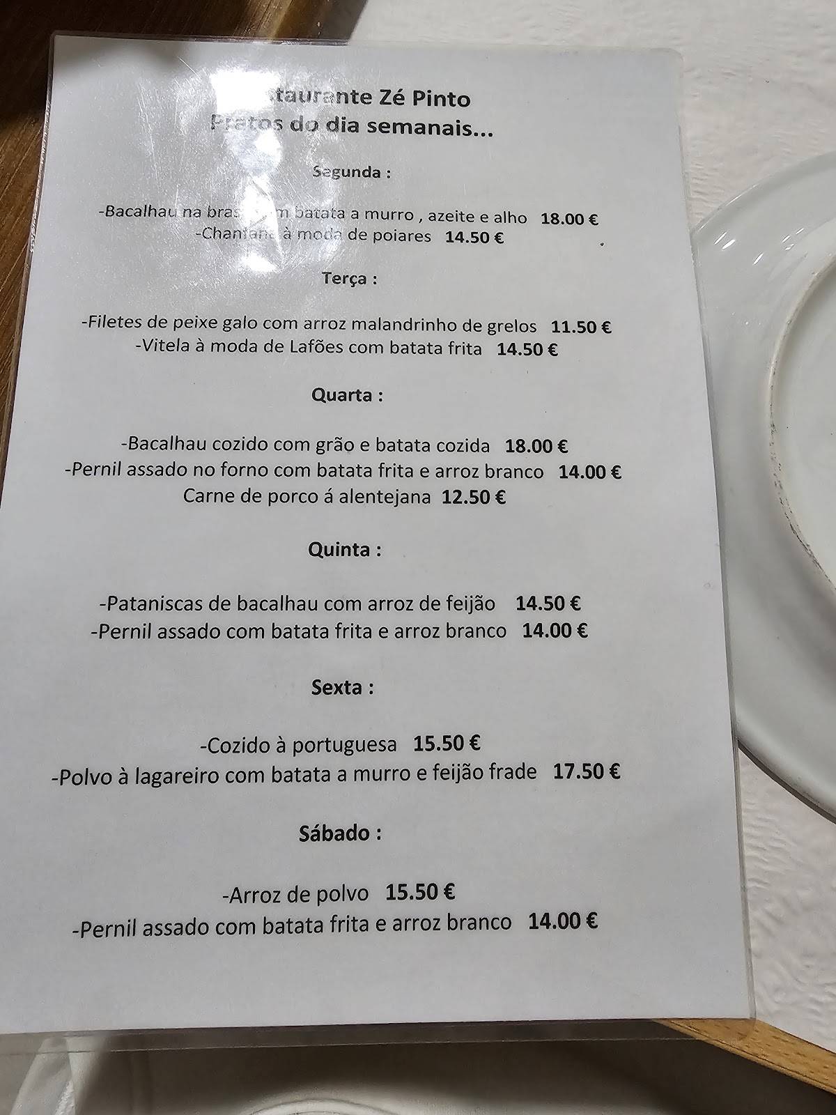 Menu at Zé Pinto restaurant, Lisbon