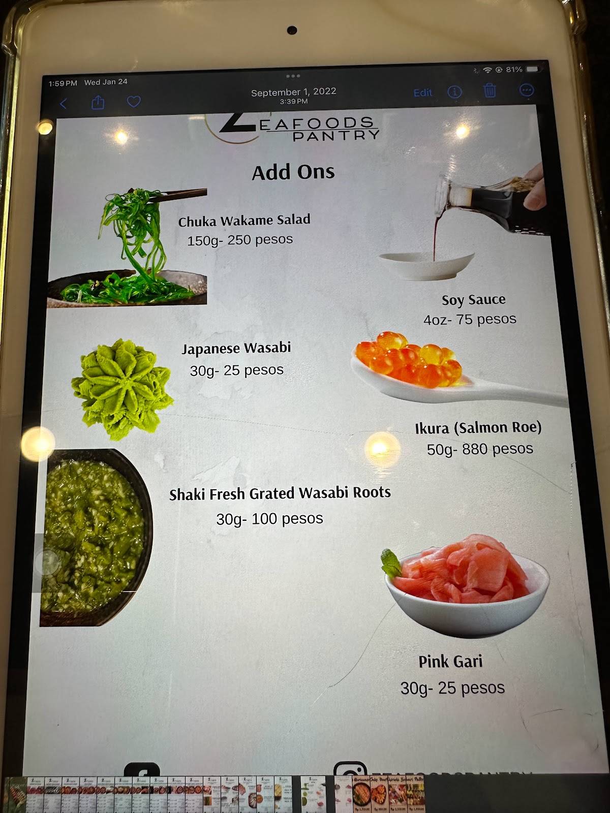 Menu at Zeafoods Pantry restaurant, Davao City