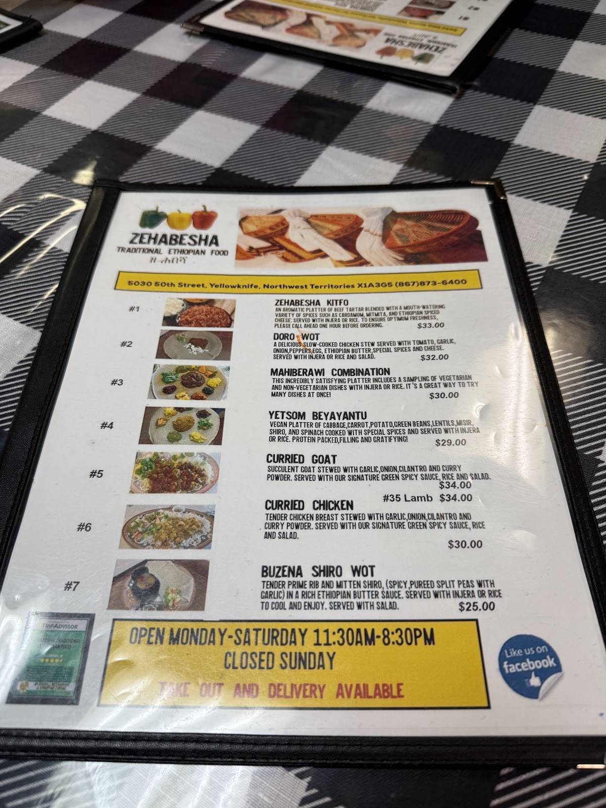 Menu at Zehabesha Traditional Ethiopian Restaurant, Yellowknife