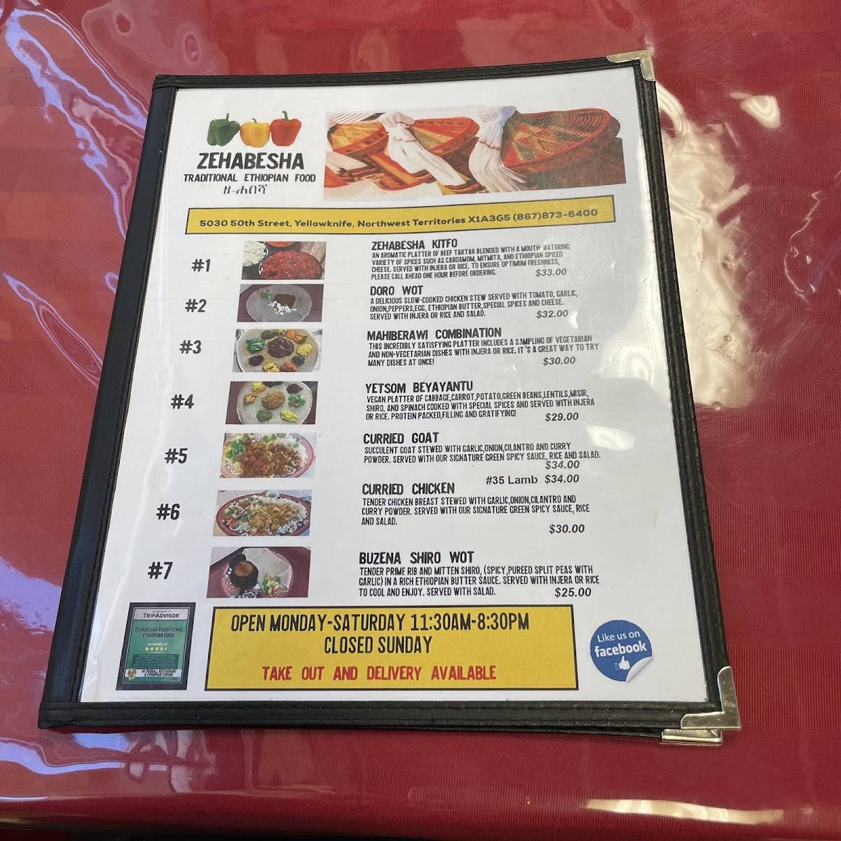 Menu at Zehabesha Traditional Ethiopian Restaurant, Yellowknife
