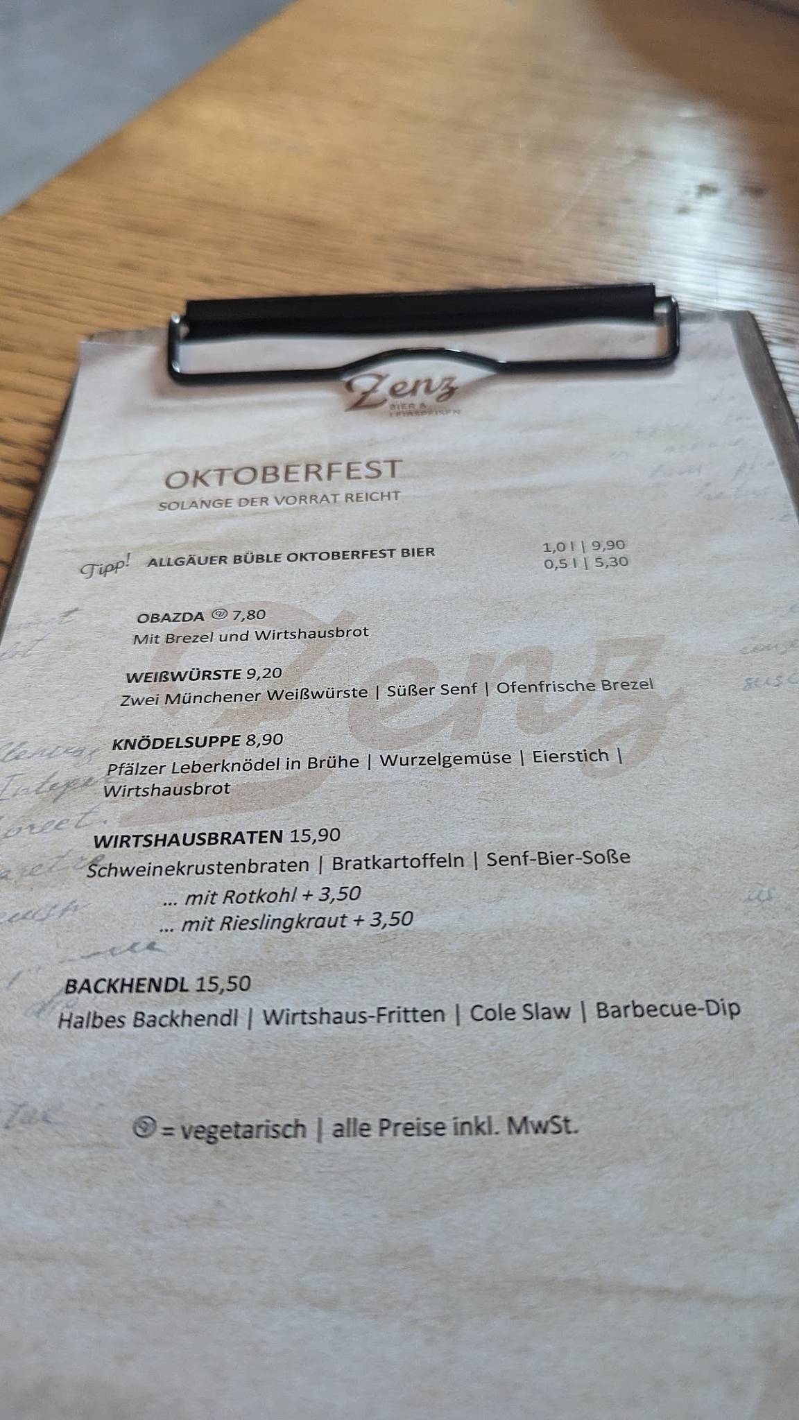 Speisekarte von Zenz Wirtshaus pub & Bar, Mainz