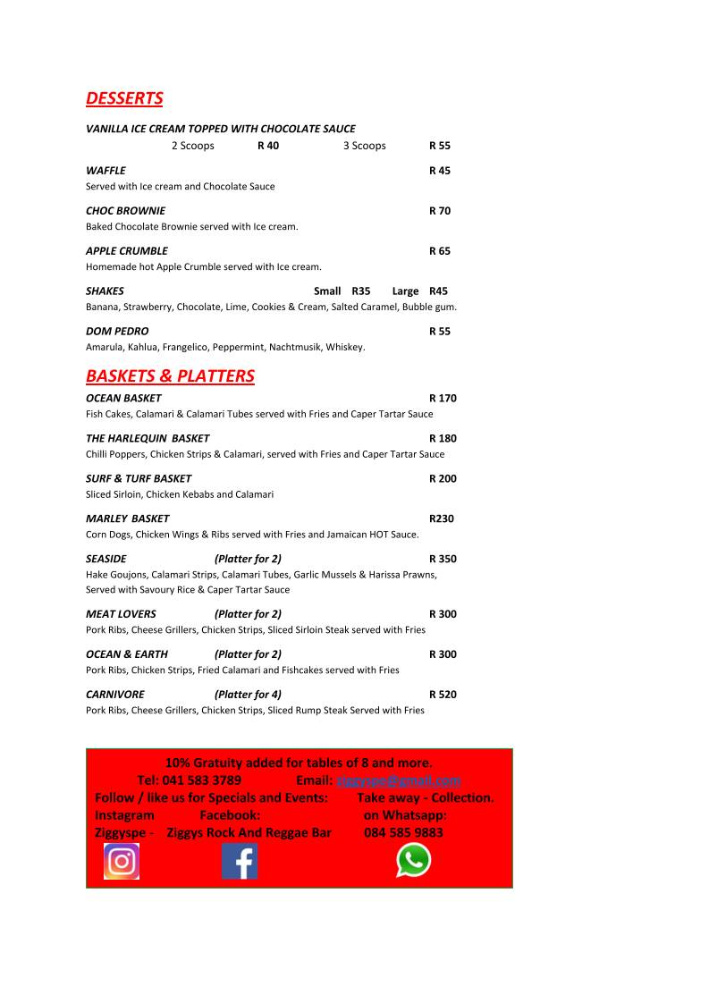 Menu at Ziggy's R&R Bar, Port Elizabeth