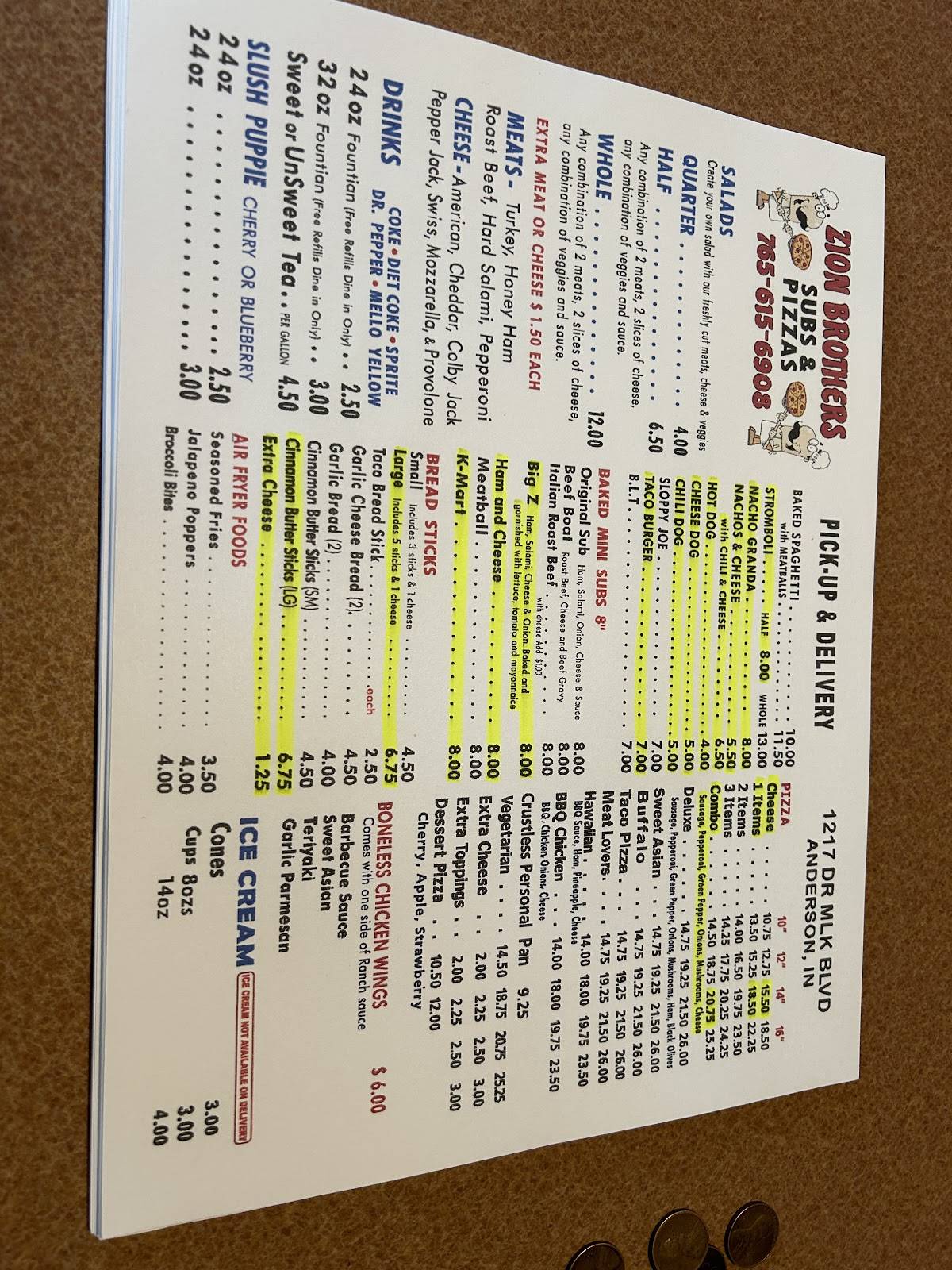 Menu at Zion Brothers Subs & Pizza pizzeria, Anderson