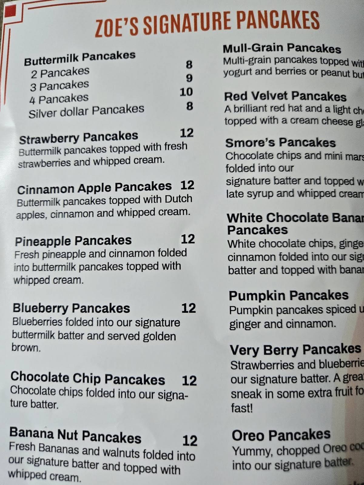 Menu at Zoe's House of Pancakes restaurant, Royal Oak