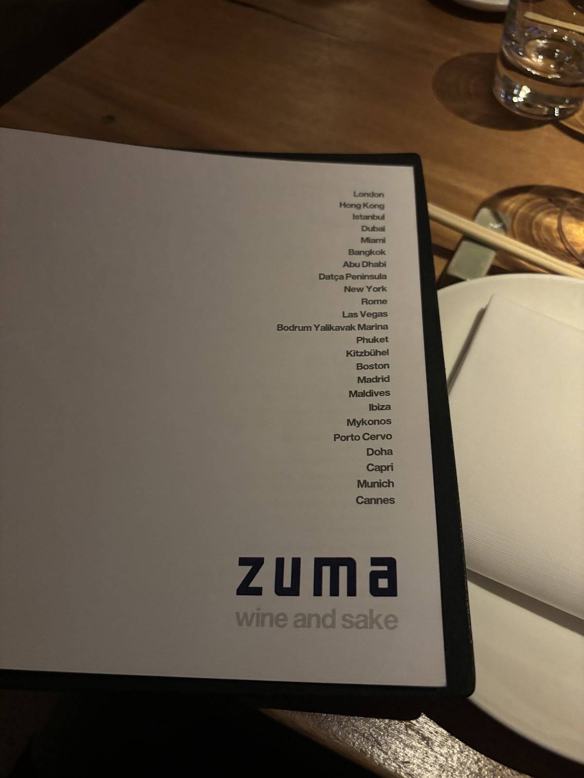 Menu at Zuma Rome restaurant, Rome
