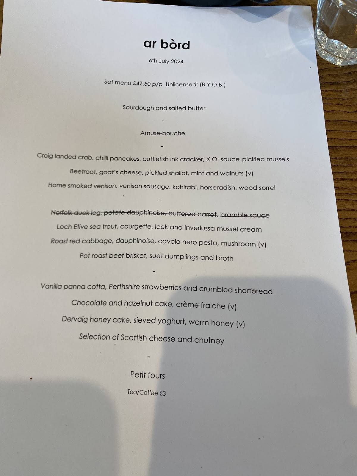 Menu at ar bòrd (our table) restaurant, Dervaig