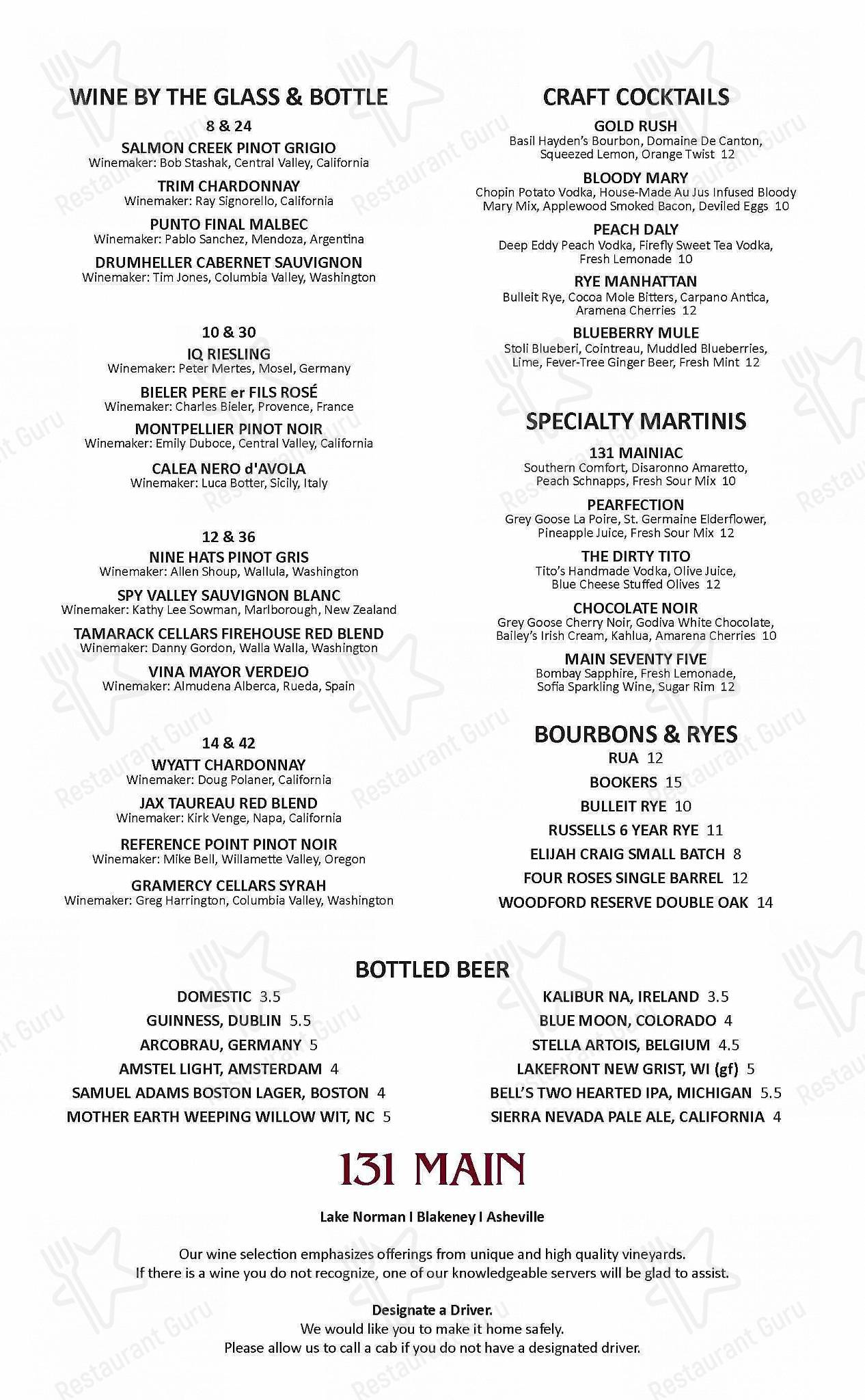 Menu at 131 MAIN Restaurant, Cornelius, Statesville Rd
