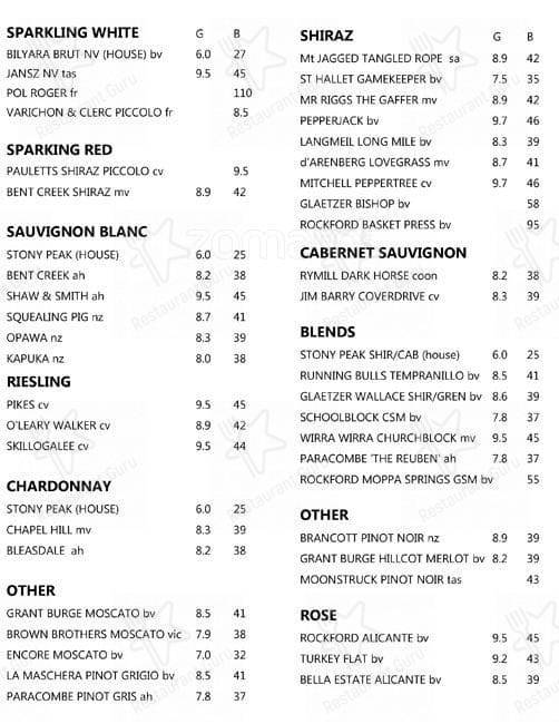Menu at The Astor Hotel restaurant, Adelaide