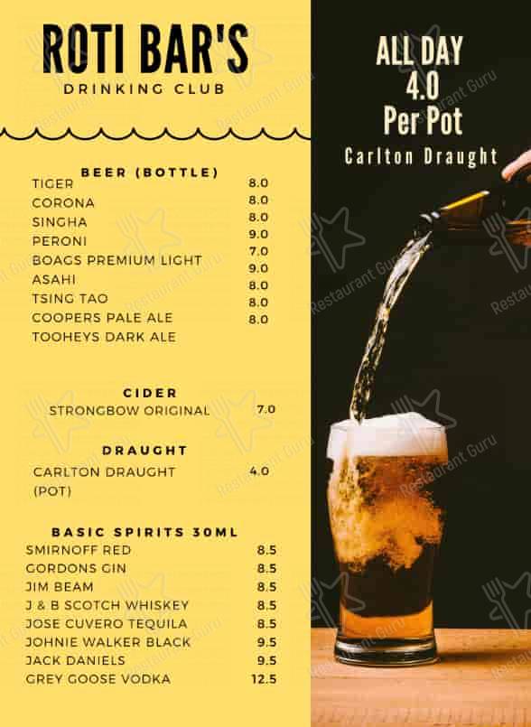 Menu at ROTI BAR, Melbourne, 416-418 Little Collins St