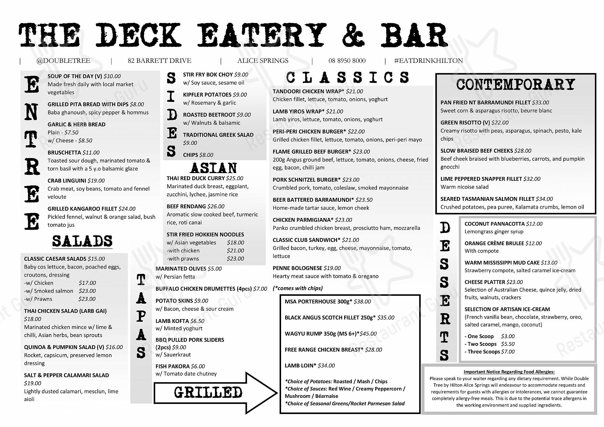 Menu at Saltbush restaurant, Alice Springs