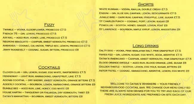 Menu at Satan's Whiskers pub & bar, London