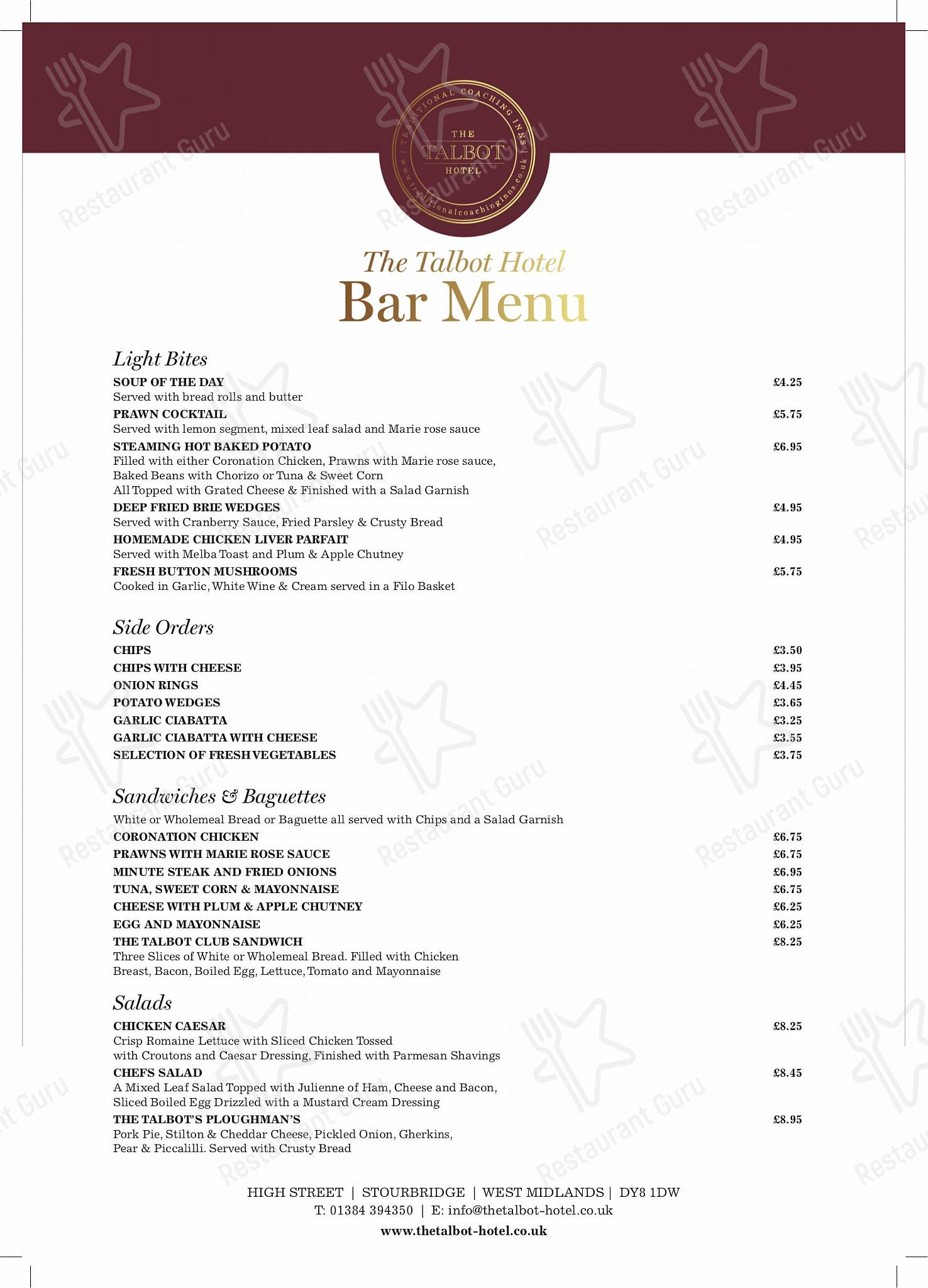 Menu at The Talbot Hotel pub & bar, Stourbridge